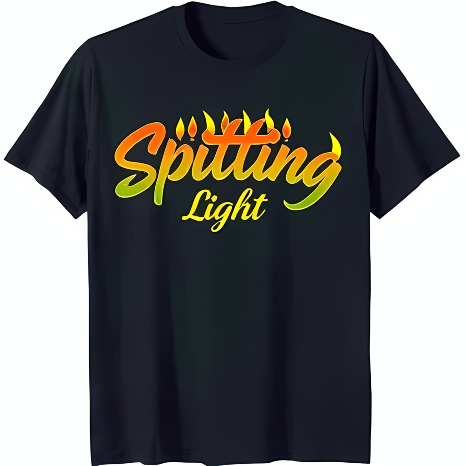 Bold Black T-Shirt with 'Spitting Light' Graphic & Fiery Flame Design ...