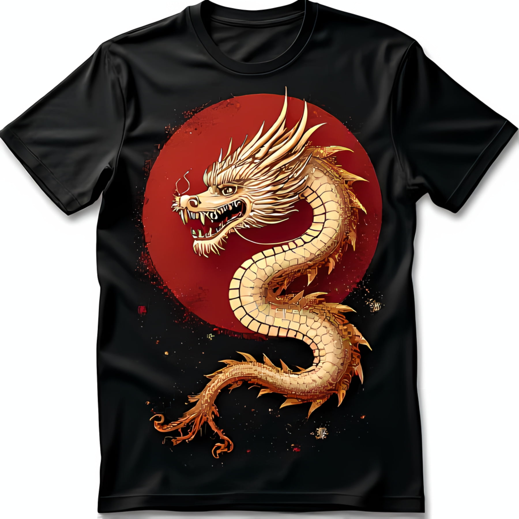 Bold Black T-Shirt with Striking Golden Coiled Around Red Sun Graphic ...