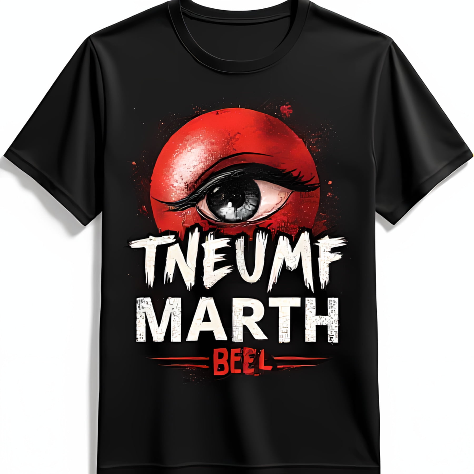 Bold Black T-Shirt with Striking Red Eye Graphic and TNEUMF MARTH BEEL ...