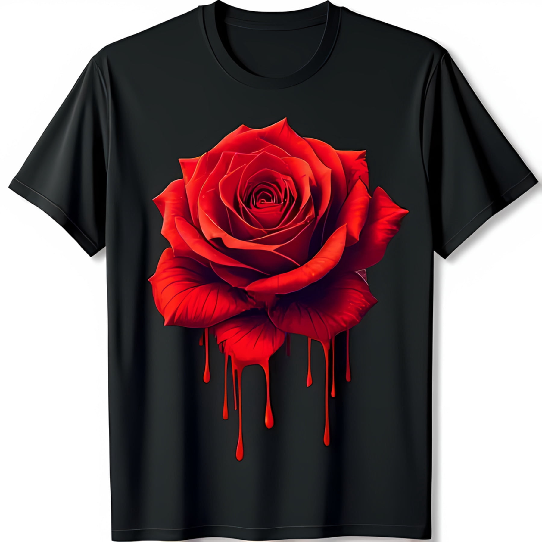 Bold Black T-Shirt with Striking Red Rose Graphic and Dripping Blood ...