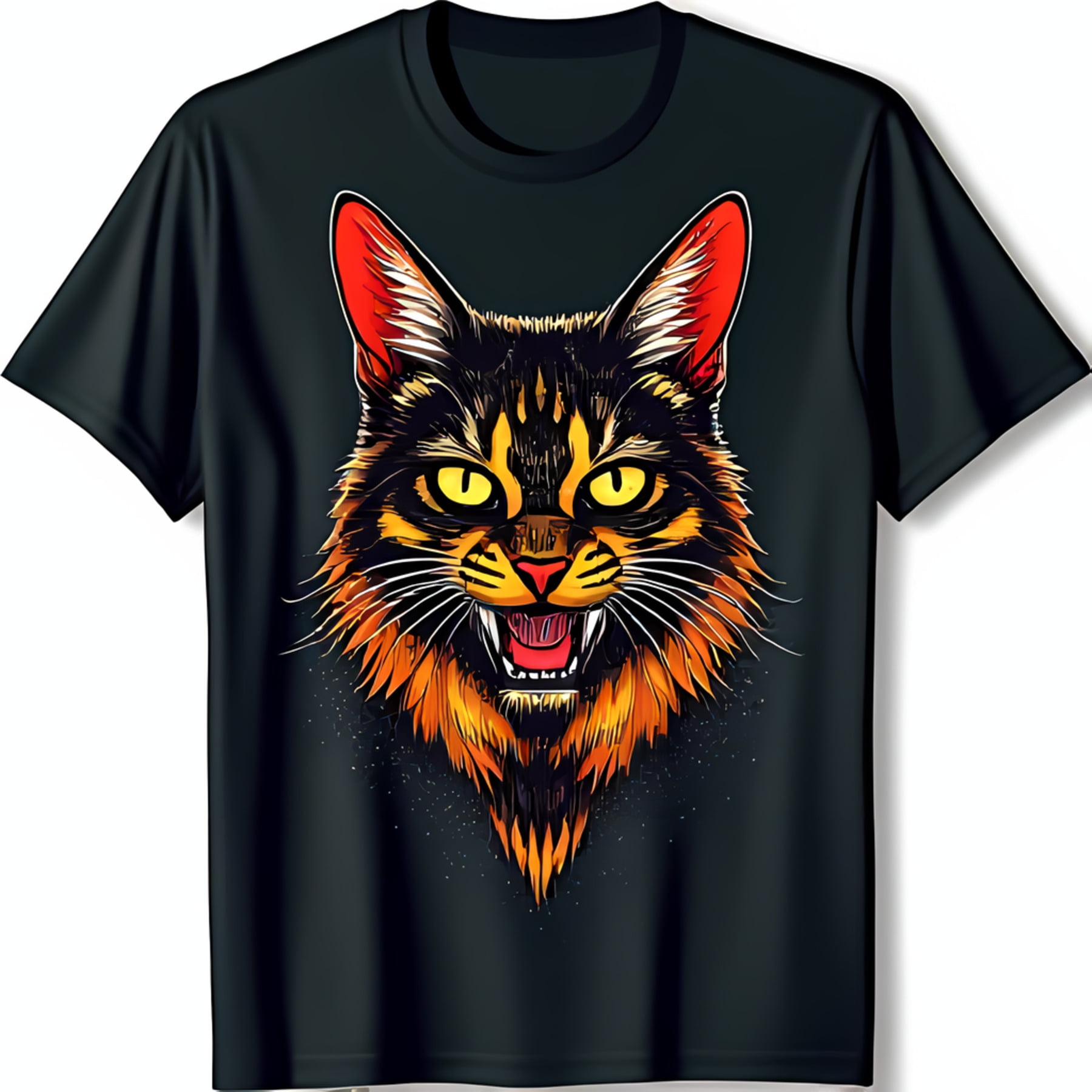 Bold Black T-Shirt with Striking Snarling Cat Face Graphic for Cat ...