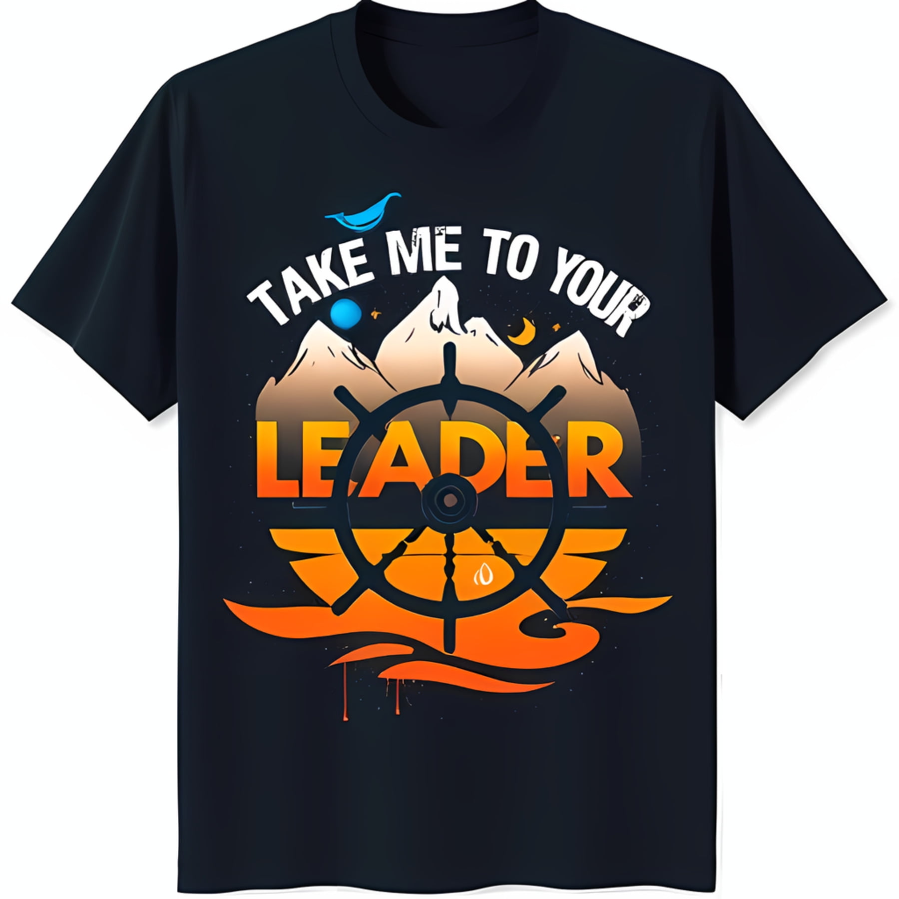 Bold Black T-Shirt with 'Take Me To Your Leader' Graphic & Fiery Ship's ...