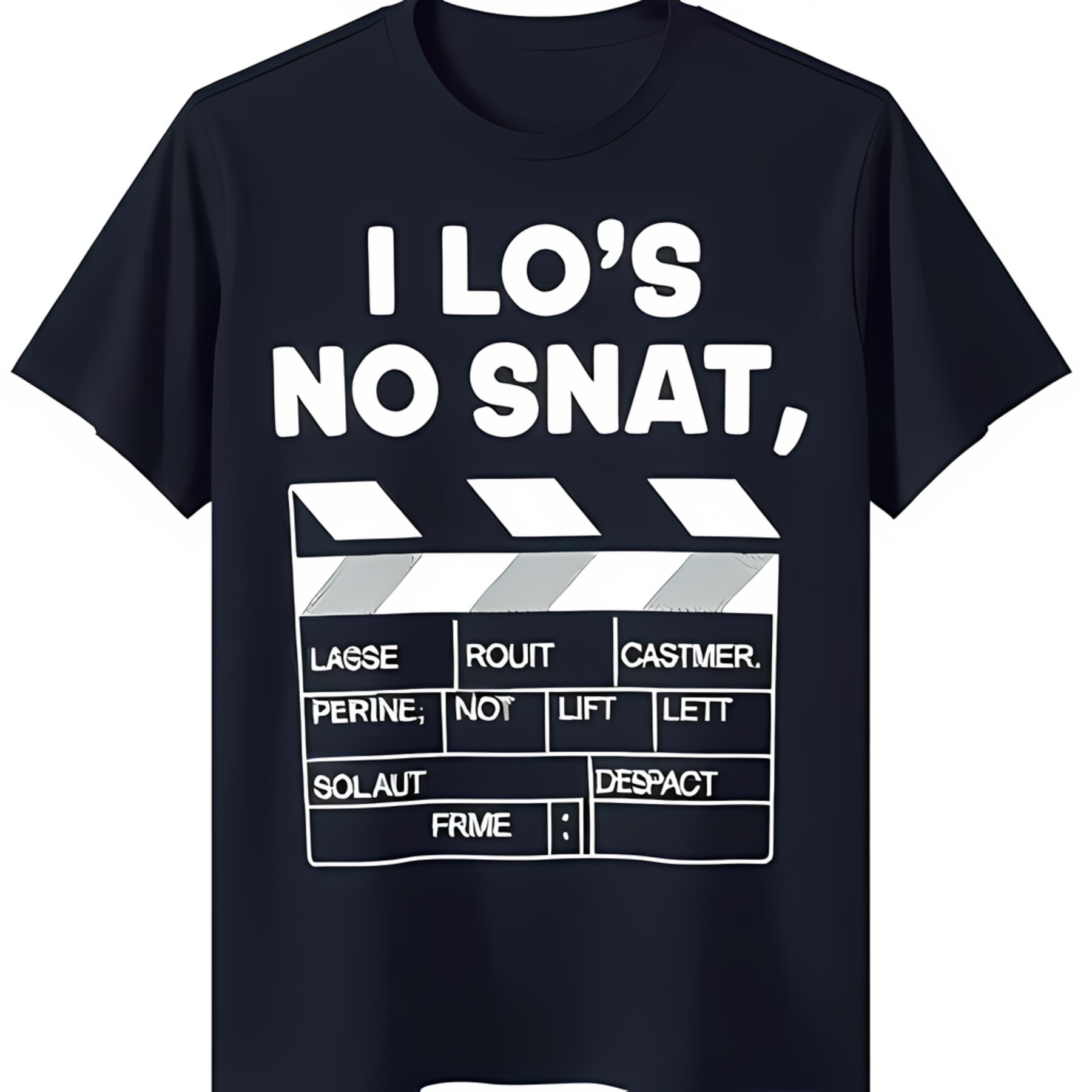 Bold Black T-Shirt with Unique 'I LO'S NO SNAT' Graphic & Clapperboard ...