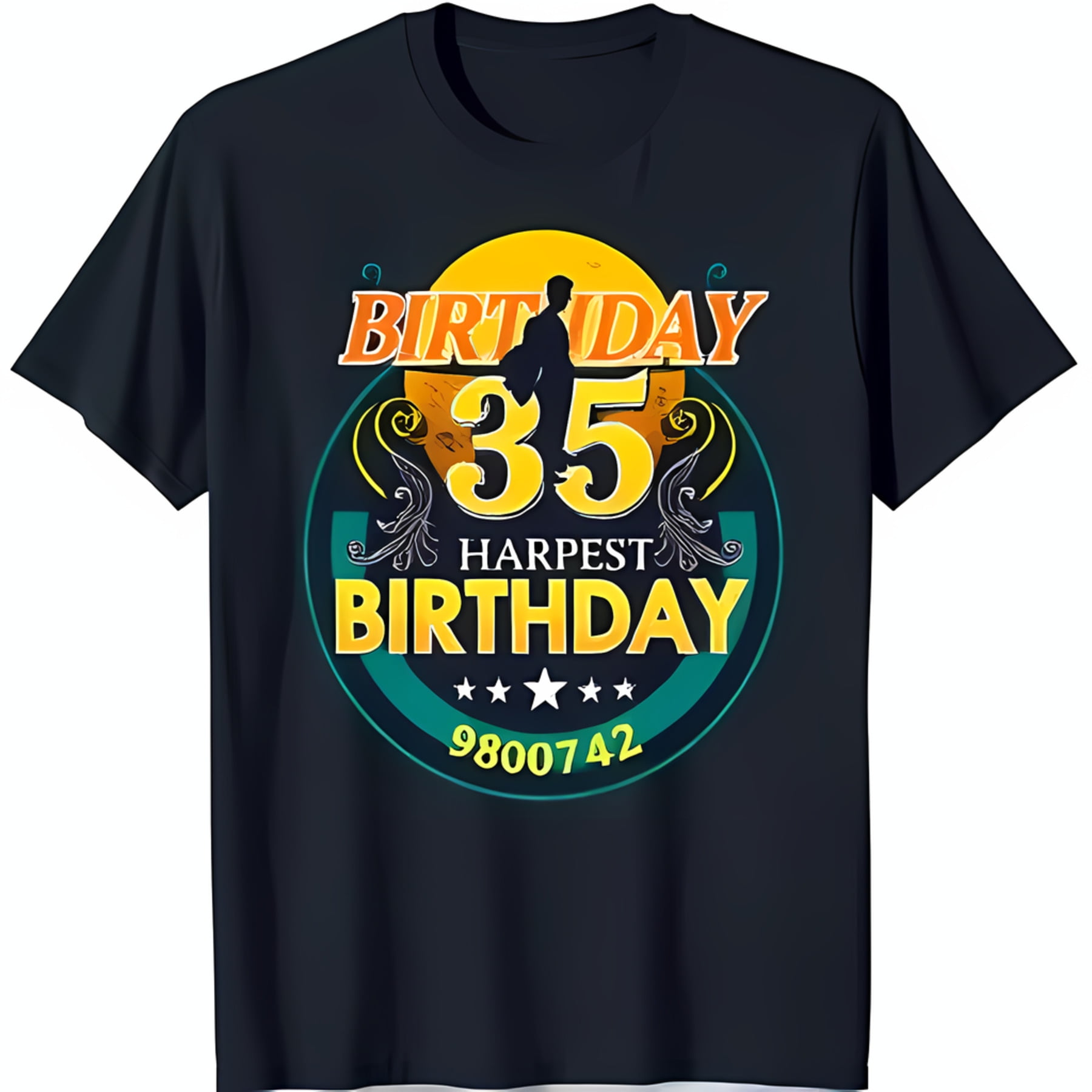 Bold Black T-Shirt with Vibrant Circular Graphic '35 Birthday Harpest ...