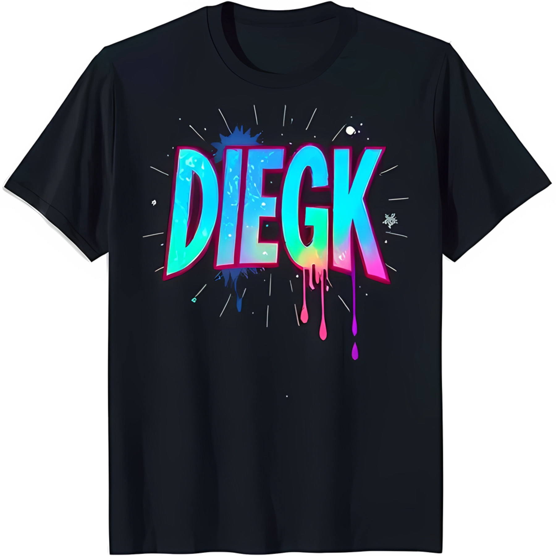 Bold Black T-Shirt with Vibrant 'DIEGK' Splatter Design Eye Catching ...