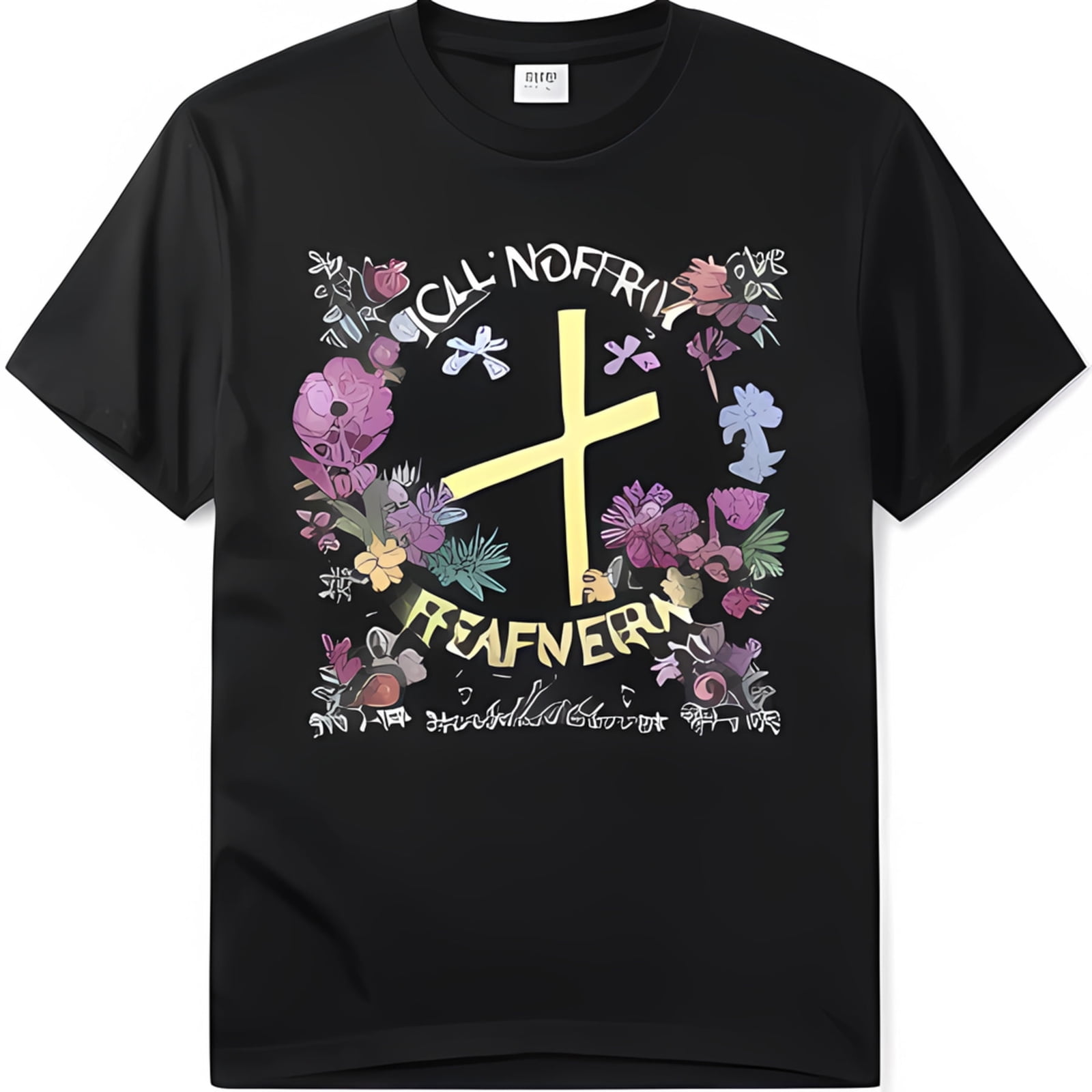 Bold Black T-Shirt with Vibrant Floral Cross Graphic Unique Design ...