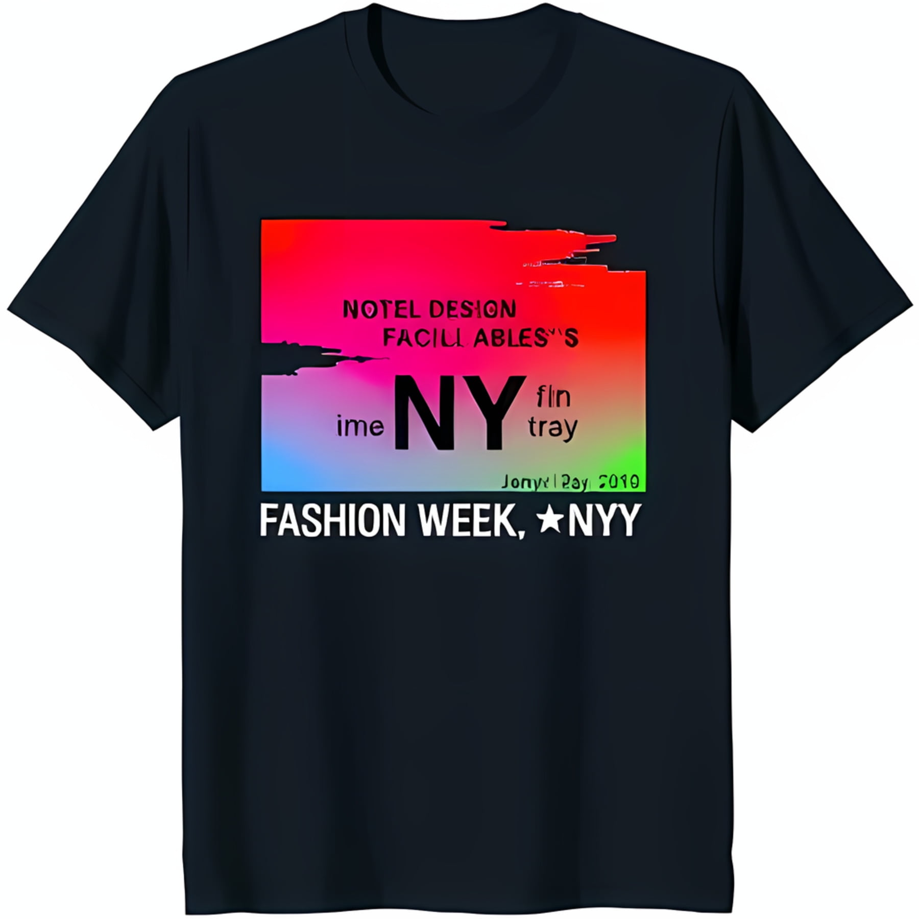 Bold Black T-Shirt with Vibrant Graphic: 'NOTEL DESIGN FACILI ABLES'S ...