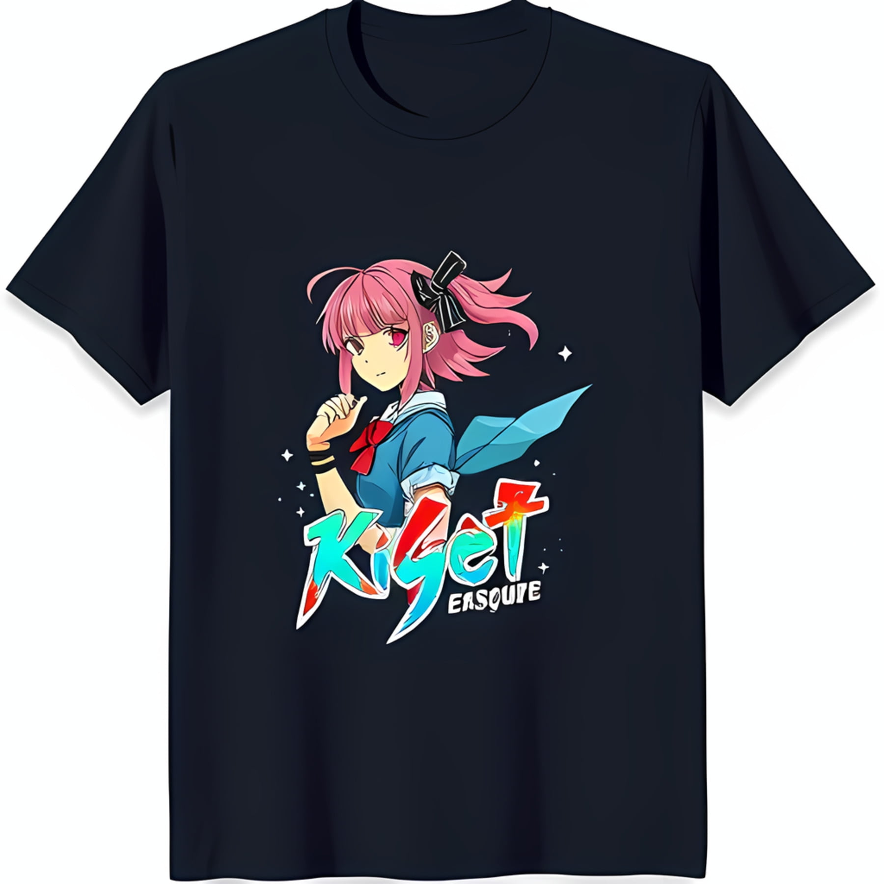Bold Black T-Shirt with Vibrant 'Kiget Esquife' Chest Graphic for Anime ...