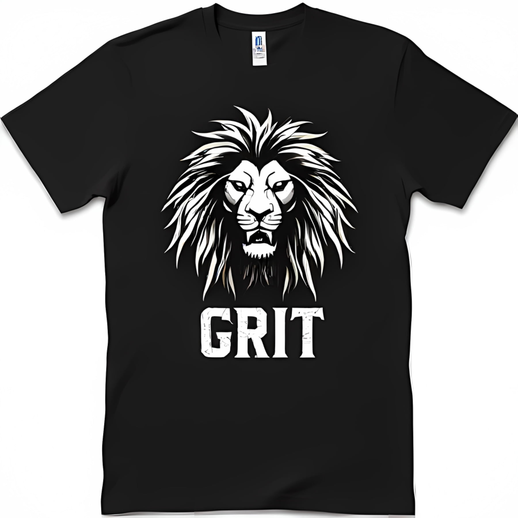 Bold Black T-Shirt with Vintage White Lion Graphic & GRIT Text Strength ...