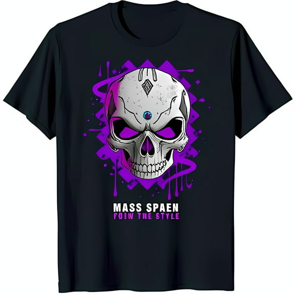 Bold Black T-Shirt with White Graphic Accents & Splatter Design 'Mass ...