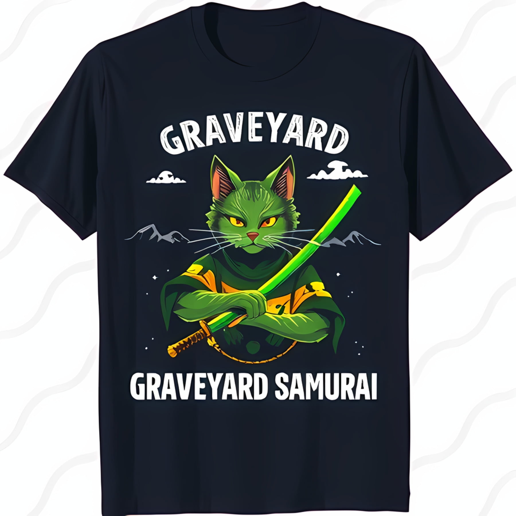 Bold Black T-Shirt with White Graphic: Green Cat Samurai Design ...