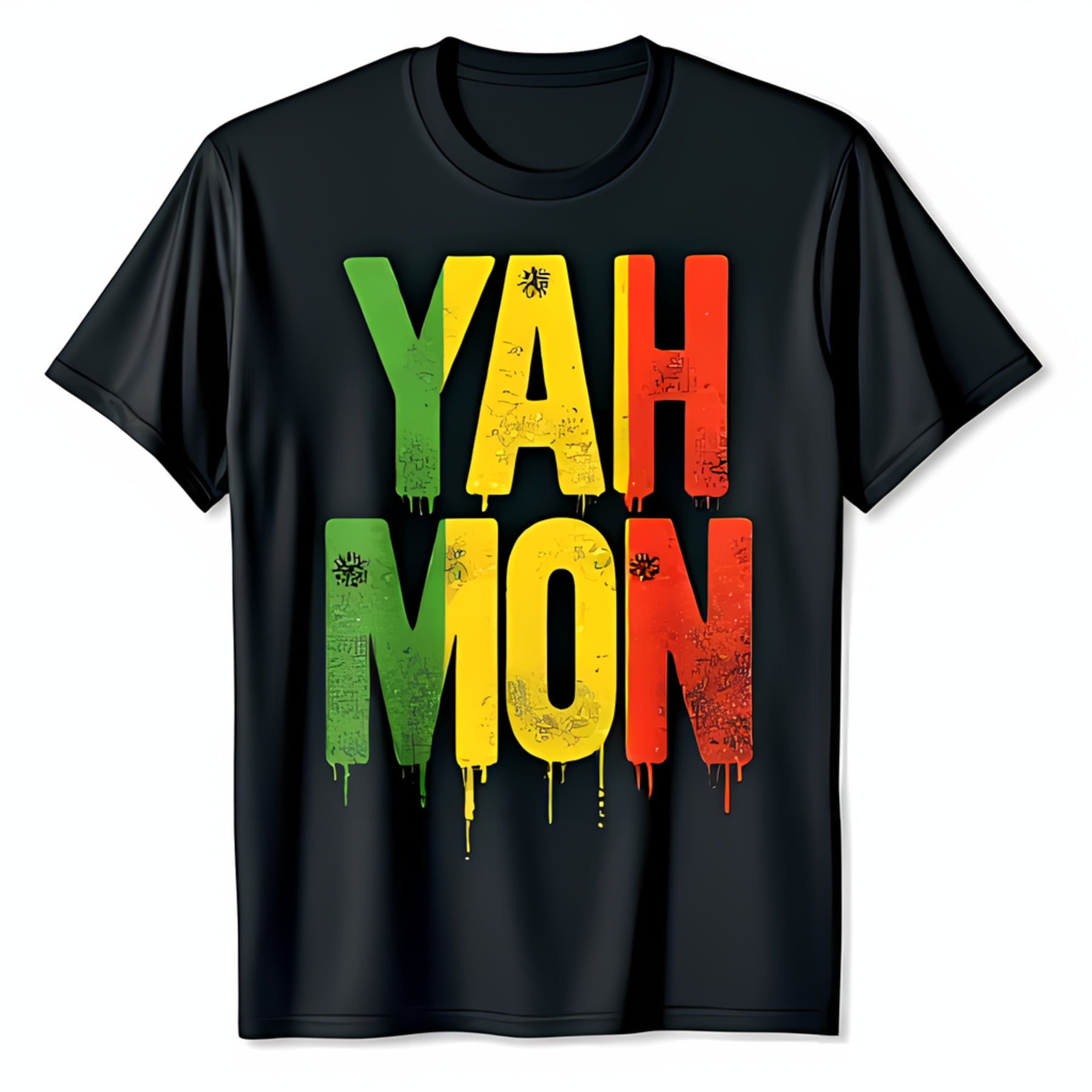 Bold Black T-Shirt with YAH MON Dripping Design in Rastafarian Colors ...