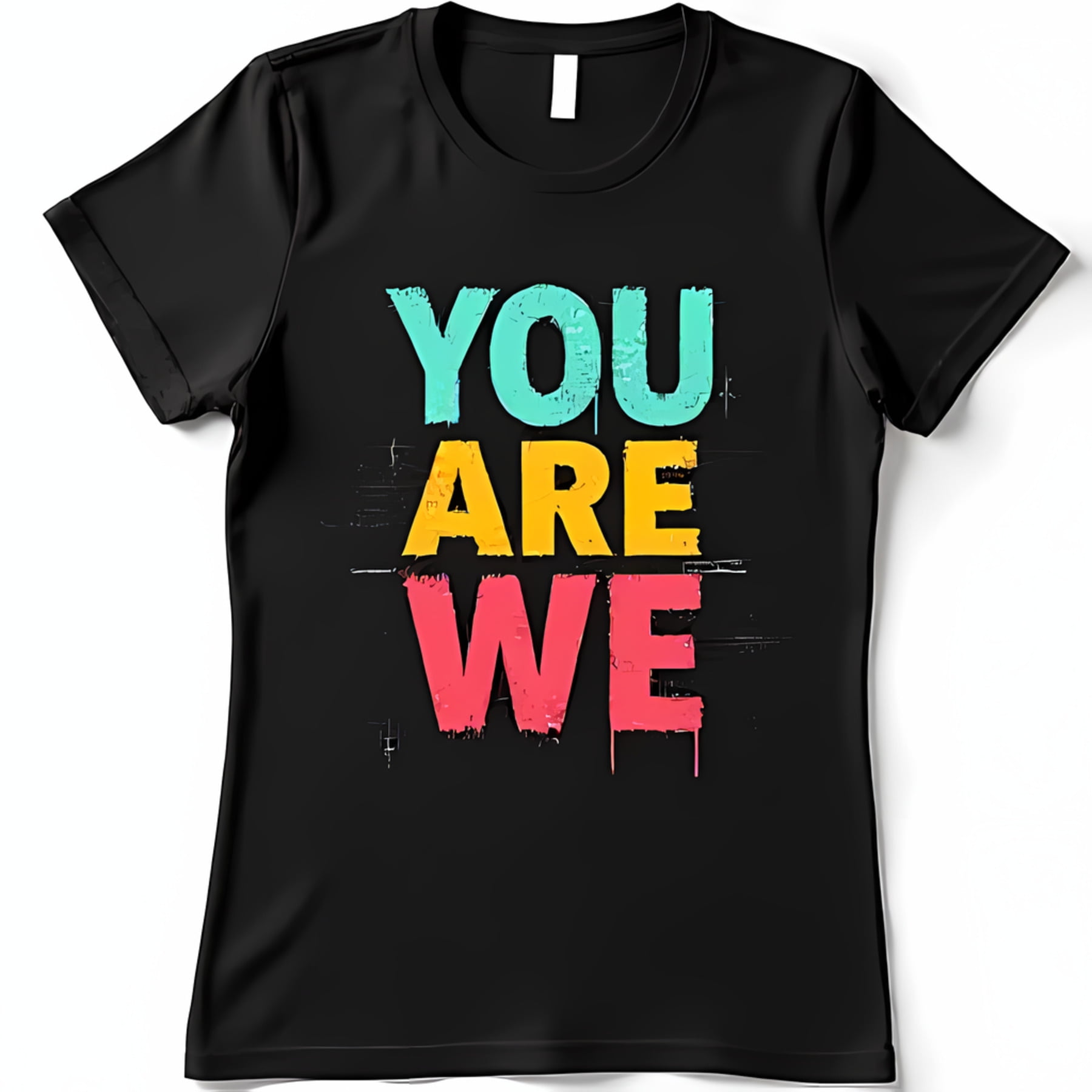 Bold Black T-Shirt with 'YOU ARE WE' Graphic Yellow Pink Design on ...