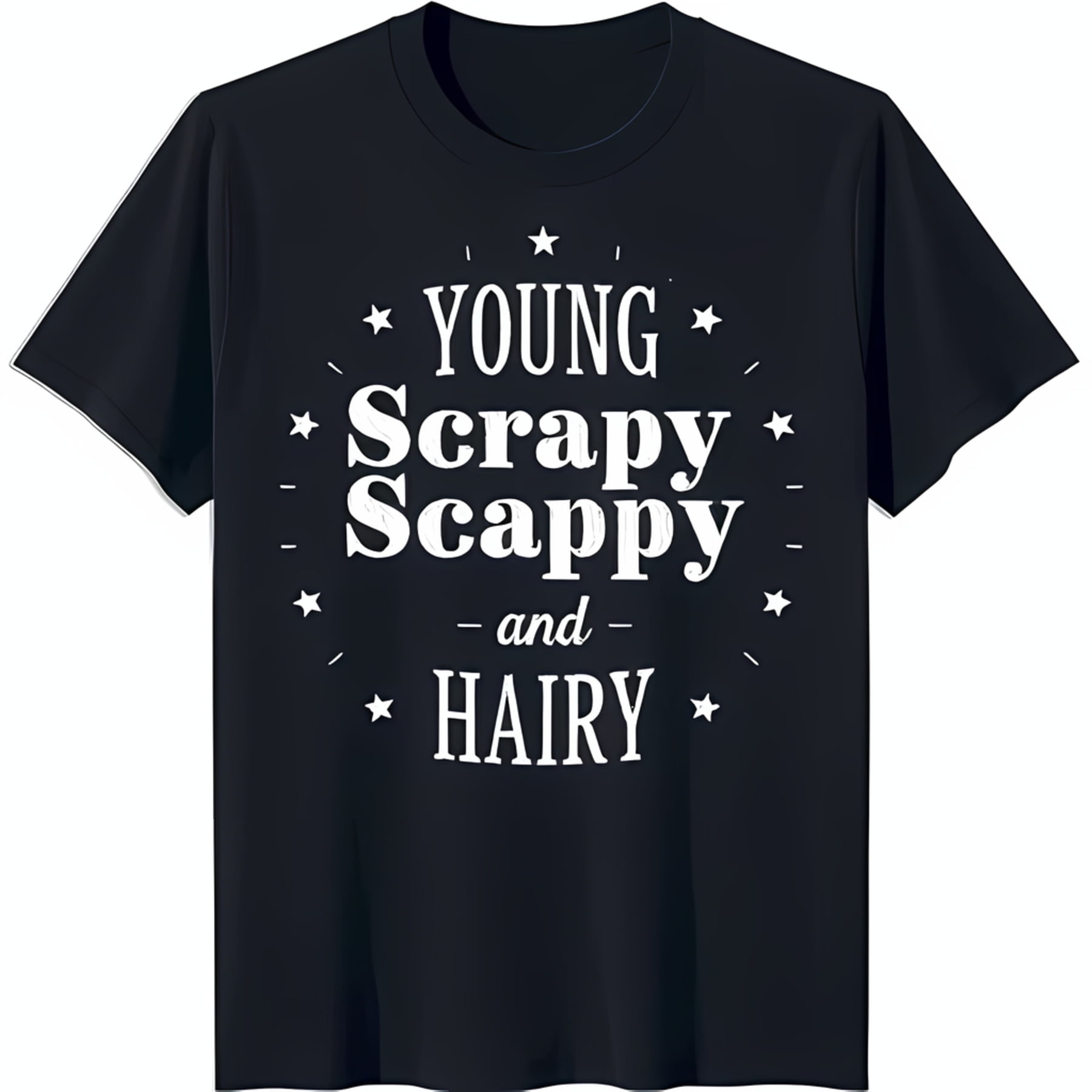 Bold Black T-Shirt with 'Young Scrapy Scappy and Hairy' Graphic & Stars ...