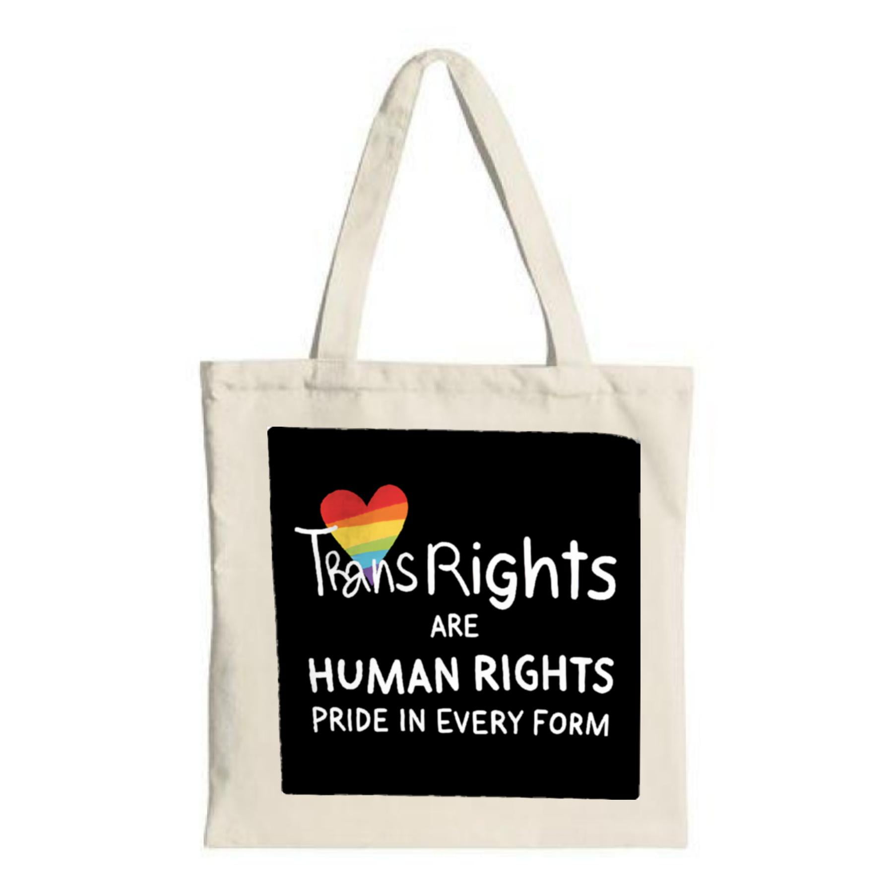 Bold Black Tote Bag with White Text: " Trans Rights are Human Rights ...