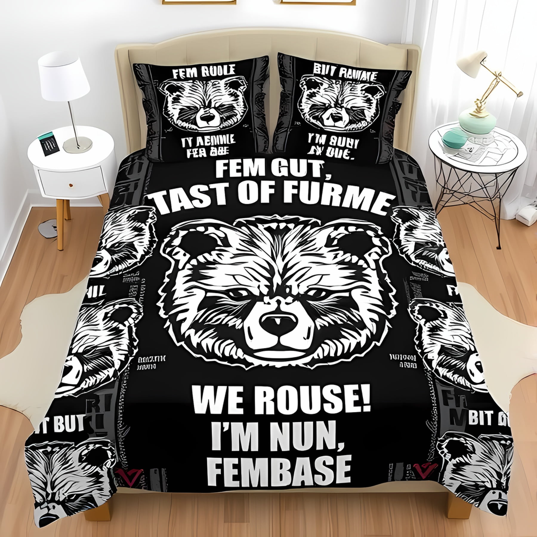 Bold Black & White Bear Graphic 3-Piece Duvet Cover & Pillowcase Set ...