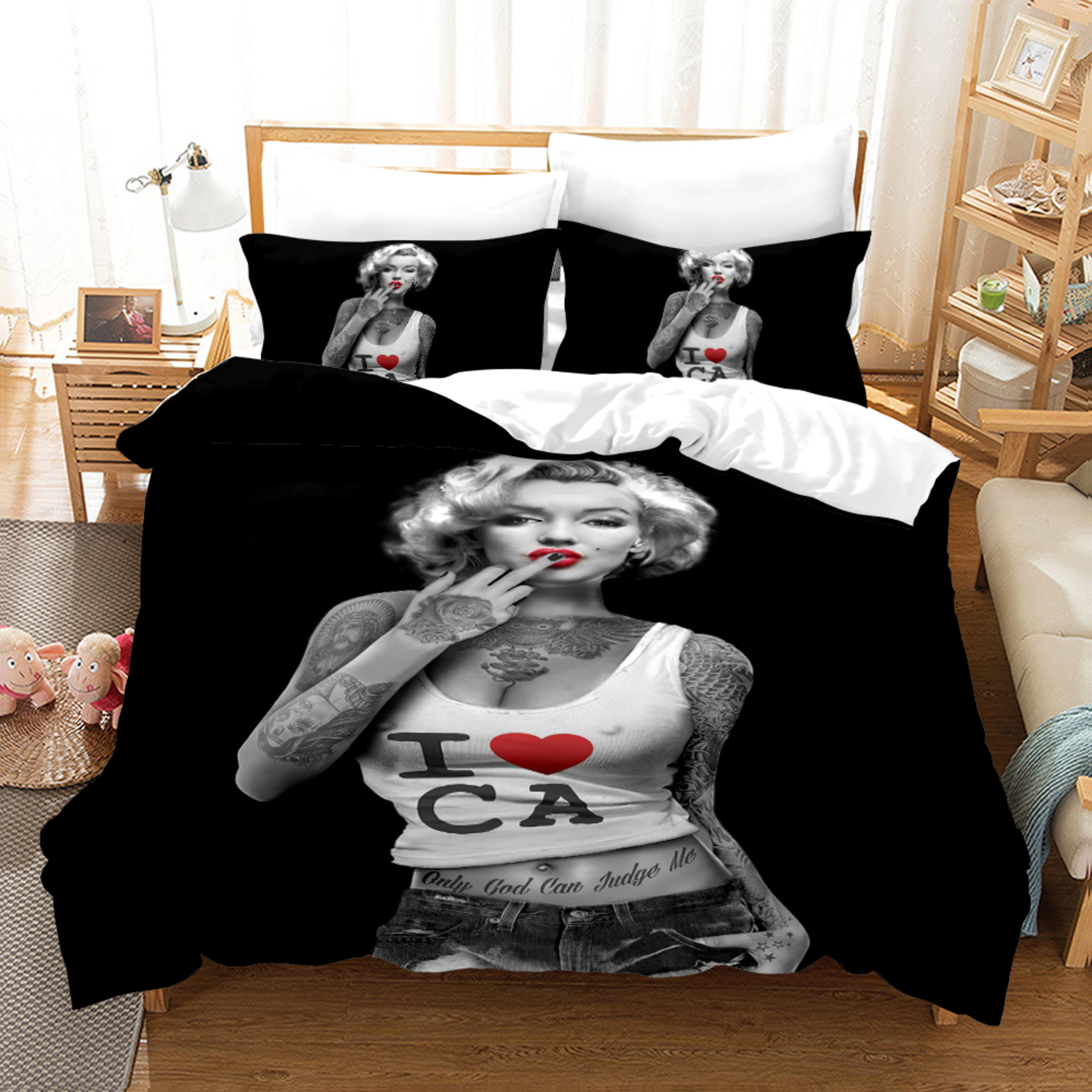 Bold Black and White Bedding Set with Tattooed Design - "I Heart ...