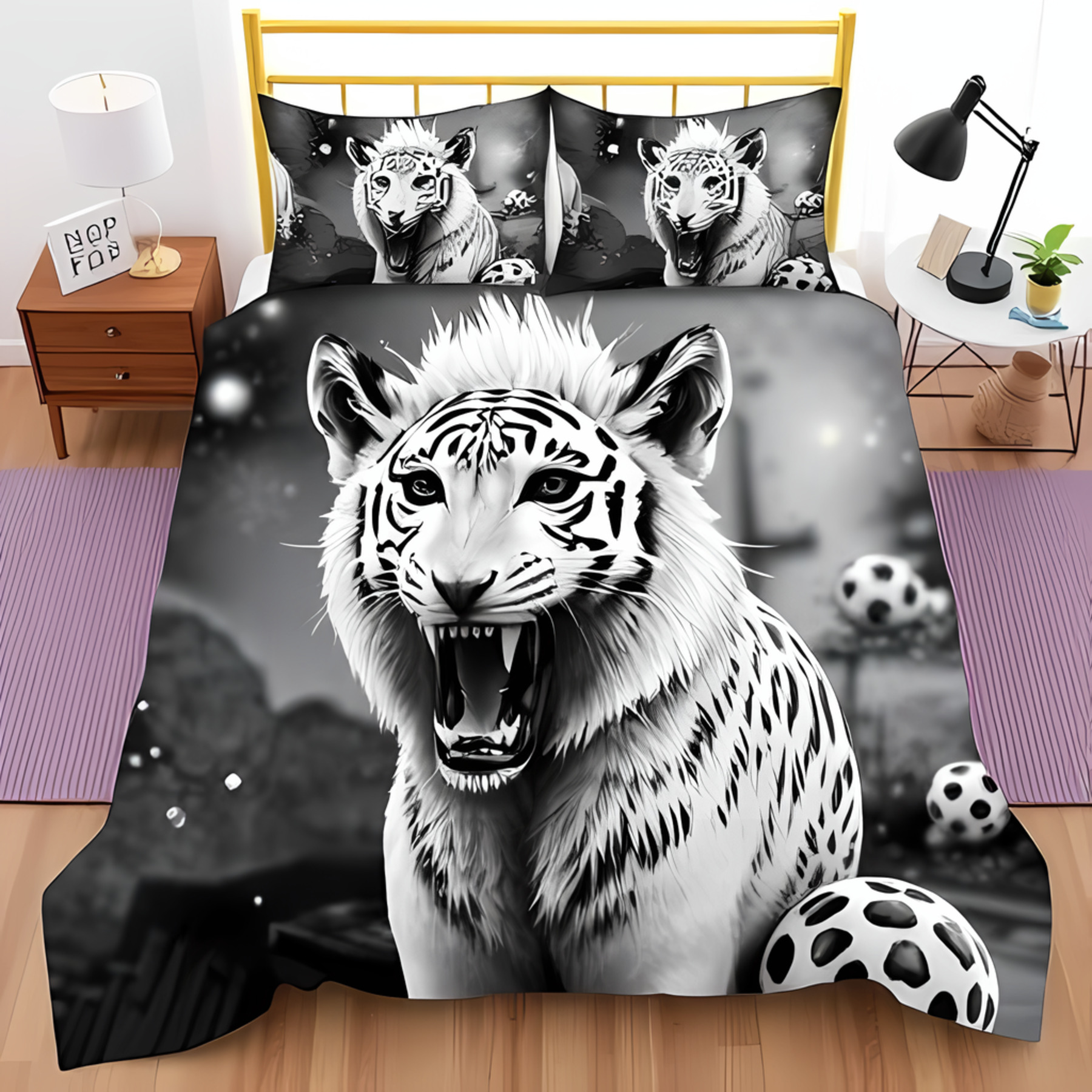 Bold Black and White Duvet Cover Set with Stylized White Tiger Design ...