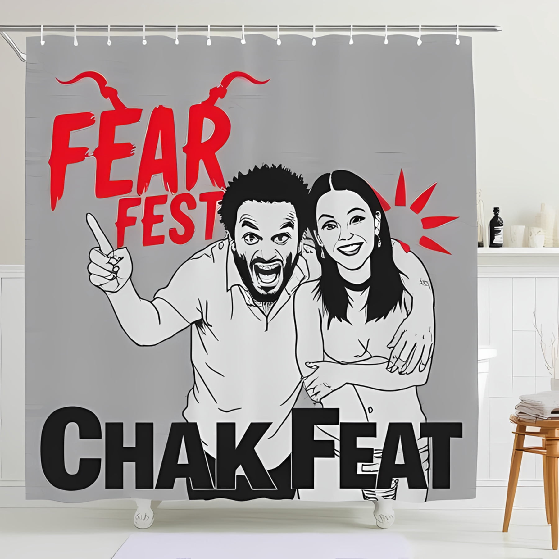 Bold Black and White Graphic Shower Curtain with Animated Couple " FEAR ...