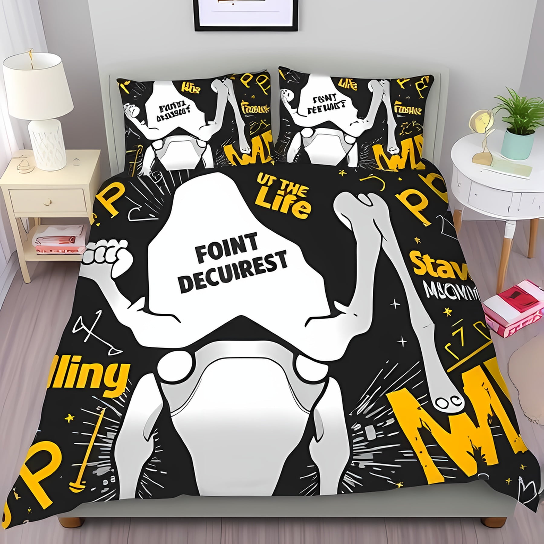 Bold Black and Yellow 3-Piece Duvet Cover and Pillowcase Set with ...