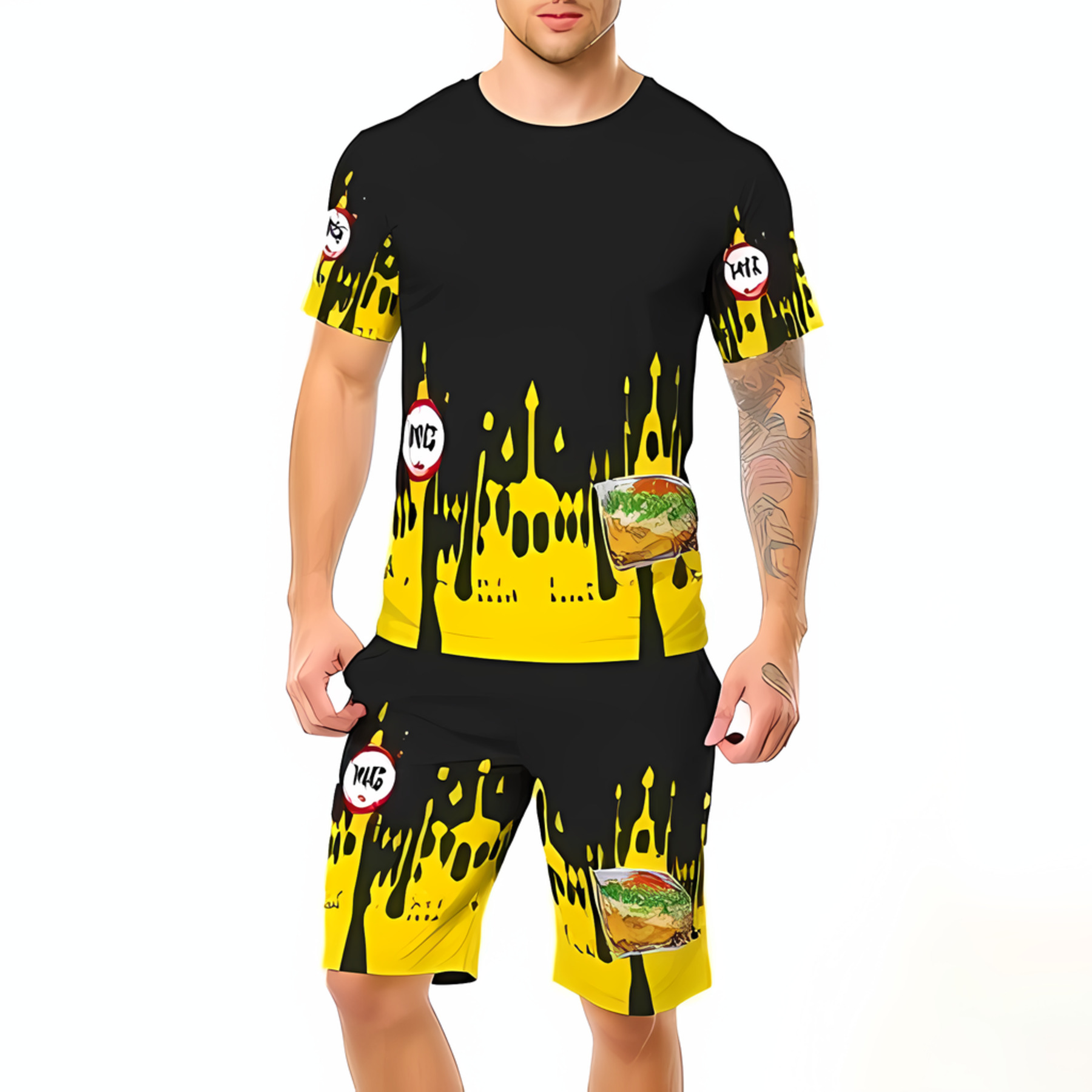 Bold Black and Yellow Dripping Effect T-Shirt and Shorts Set with ...