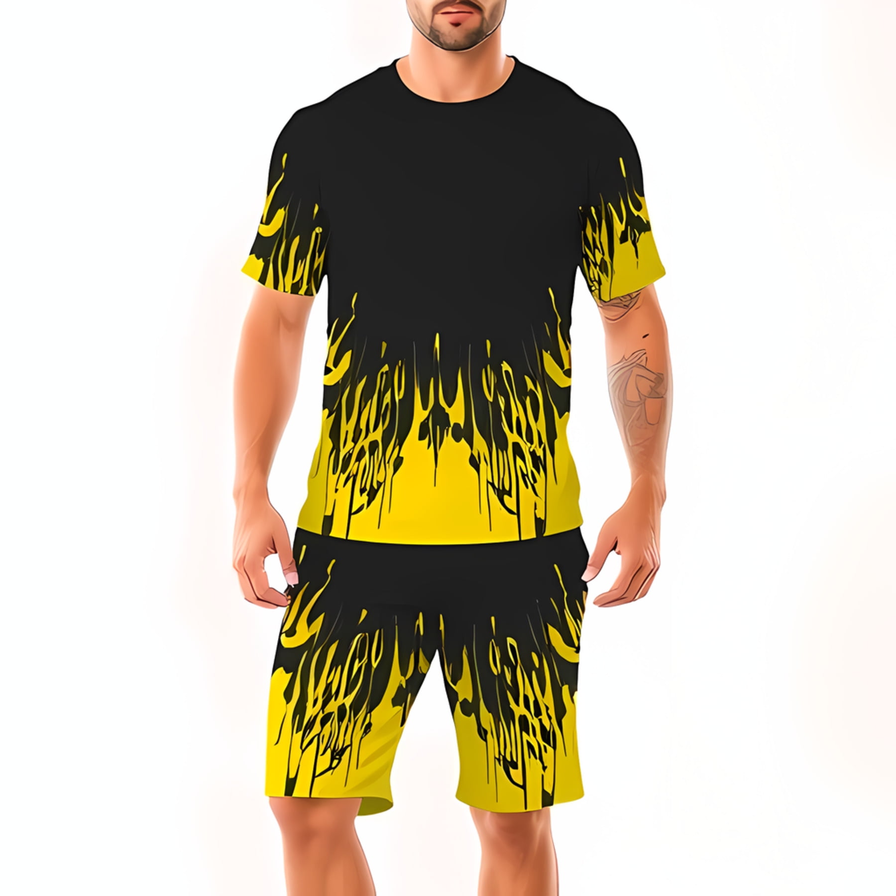Bold Black and Yellow Dripping Pattern T-Shirt and Shorts Set - Edgy ...