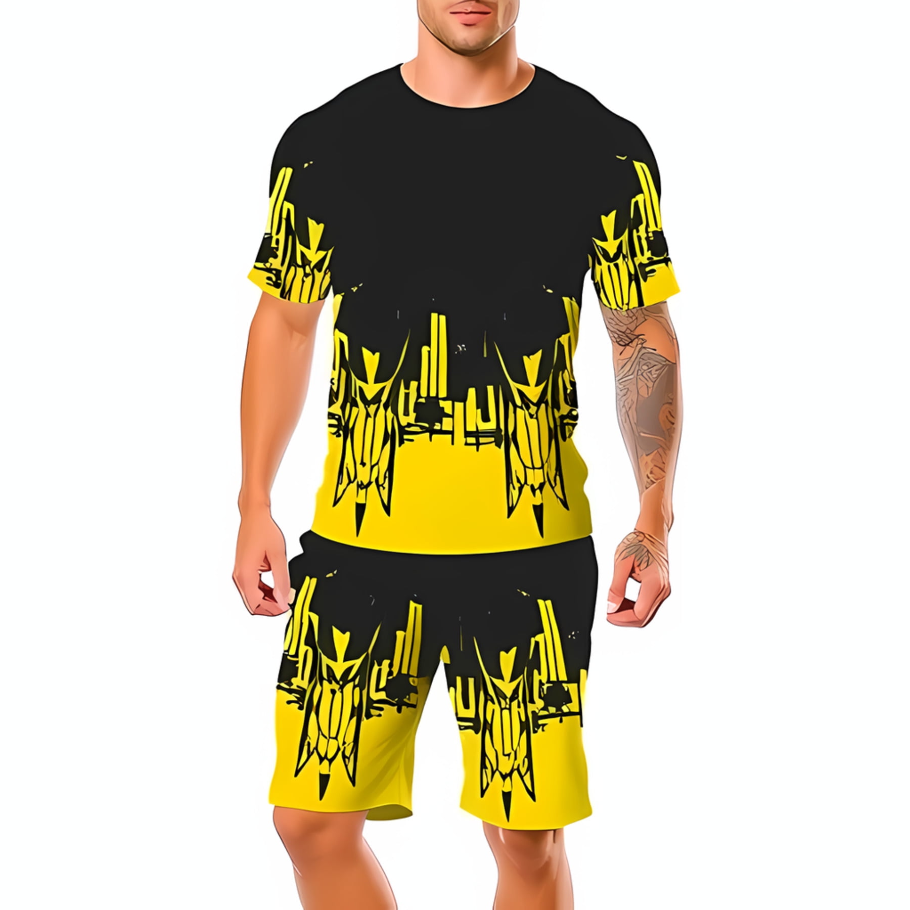 Bold Black and Yellow Graphic Athletic T-Shirt and Shorts Set with ...