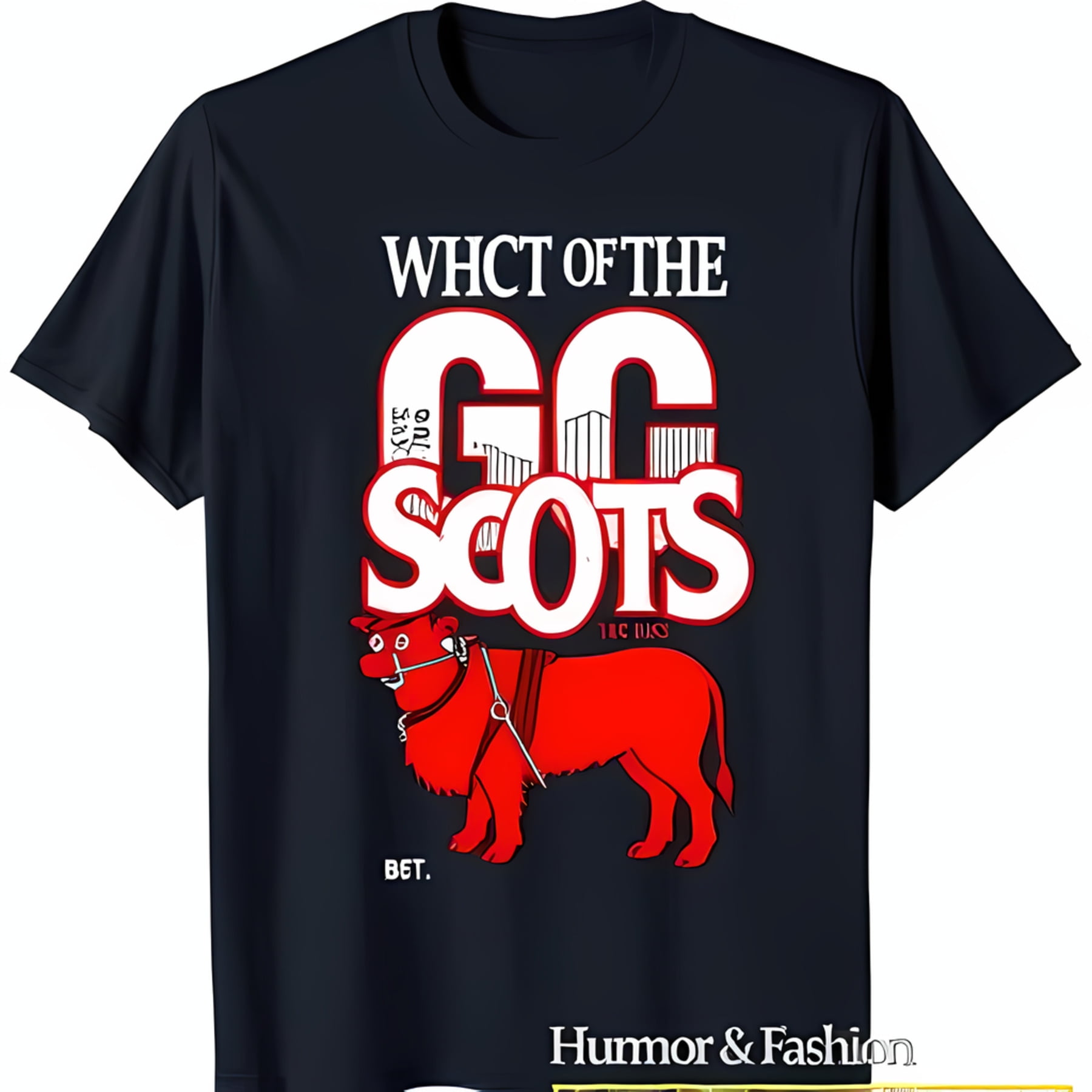 Bold Blue Graphic T-Shirt with 'WHCT OF THE SCOTS' & Whimsical Red Cow ...