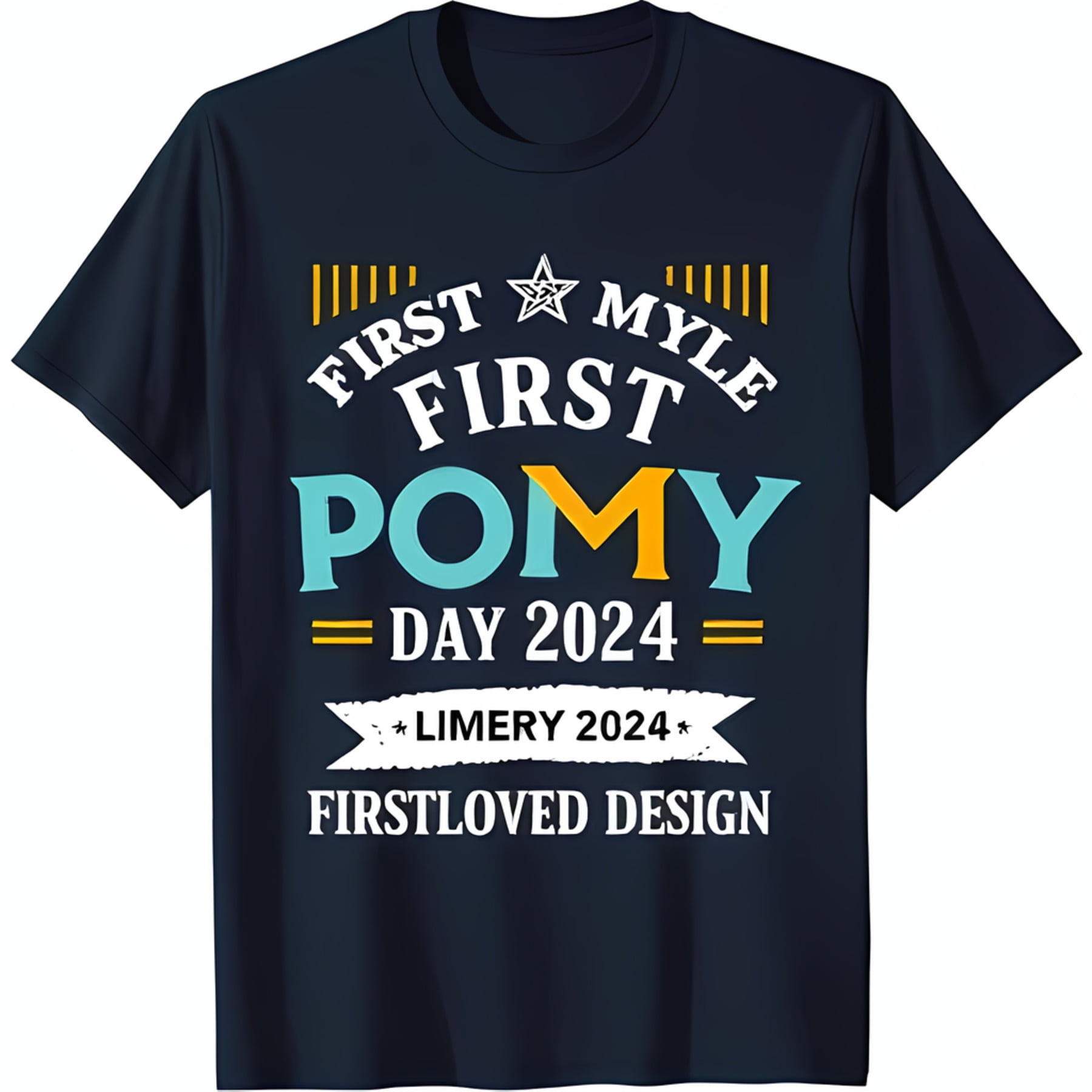 Bold Blue Graphic Tee: 'First First PomY' with Star & Day 2024 Design ...