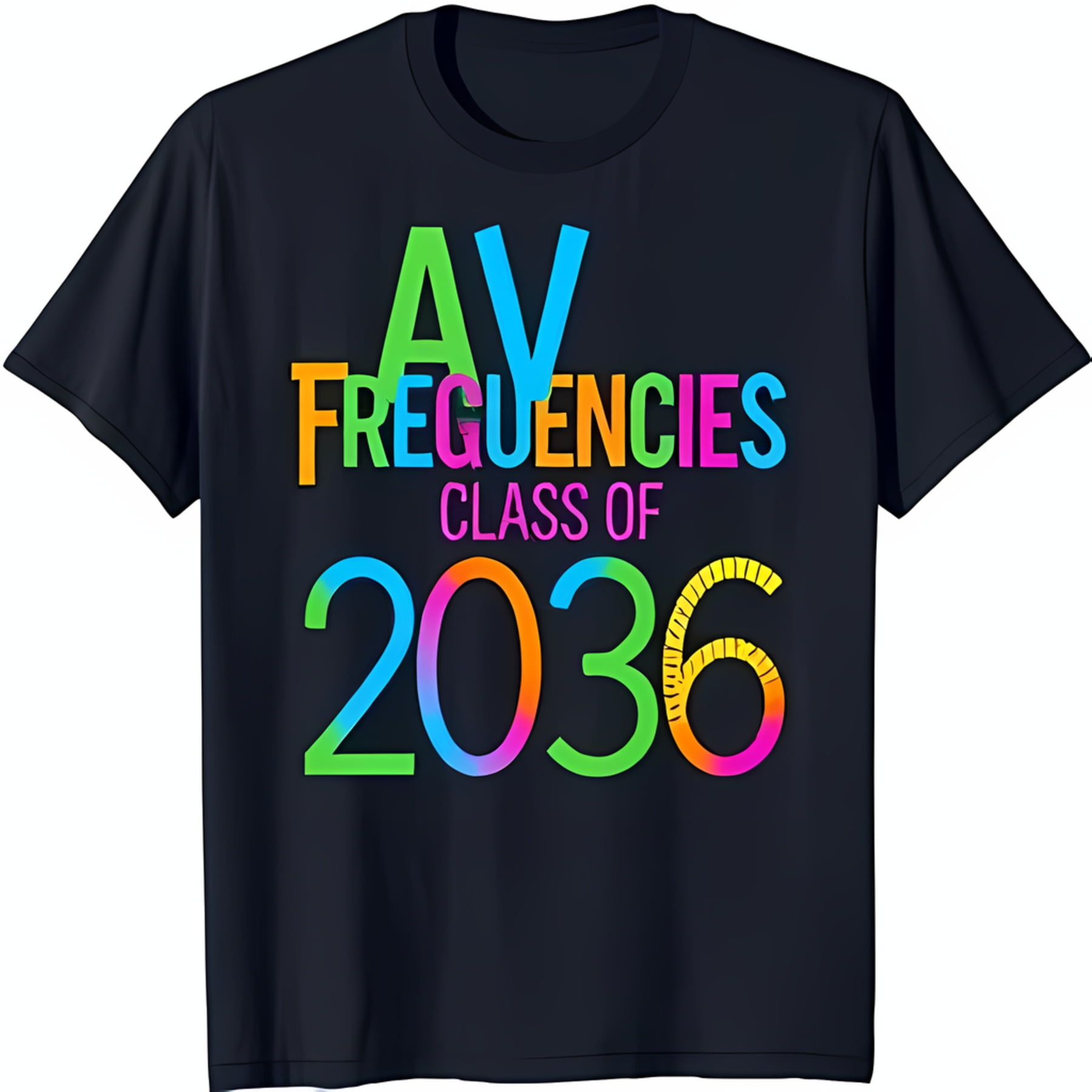 Bold Blue T-Shirt with 'AV Frequencies Class of 2036' in Rainbow Colors ...
