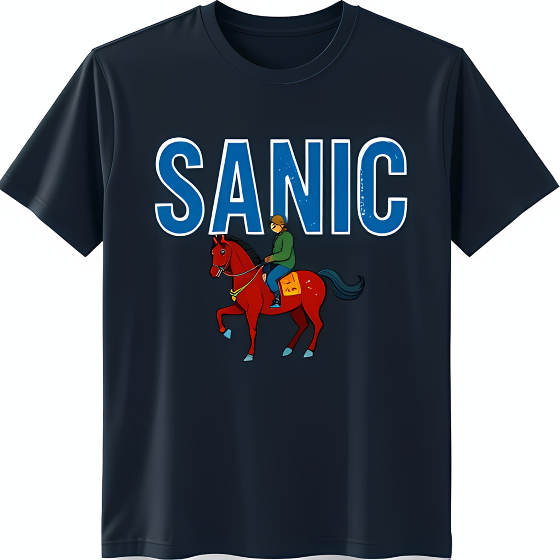 Bold Blue T-Shirt with 'SANIC' Text and Cartoon Red Horse & Rider ...