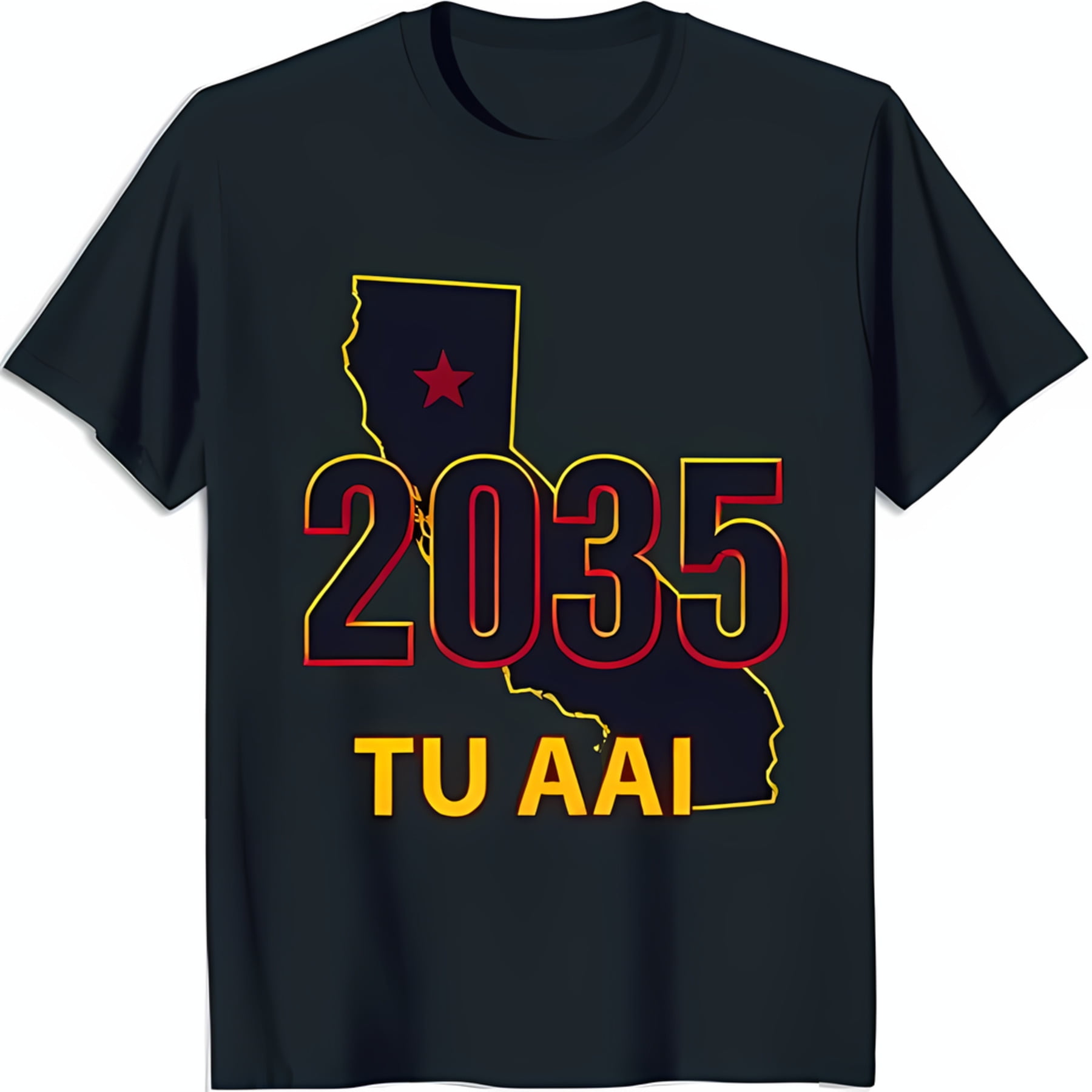 Bold California Graphic Black T-Shirt with '2035' and ' AAI' Design ...