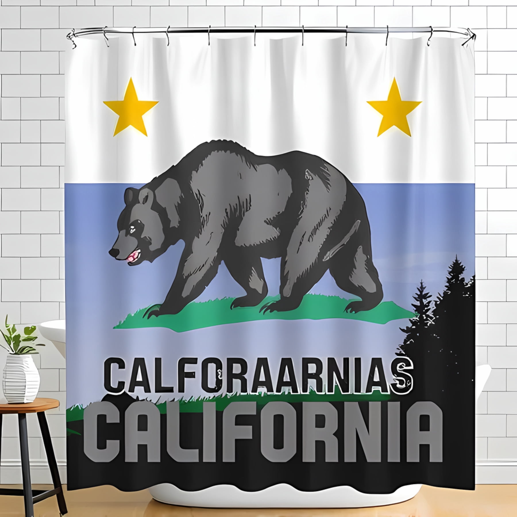 Bold California State Flag Shower Curtain with Black Bear Yellow Stars ...