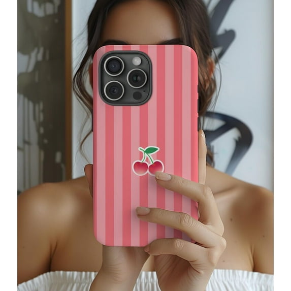 Bold Candy Stripe Retro Red Cherry Phone Case for iPhone 11 to 17 A ...