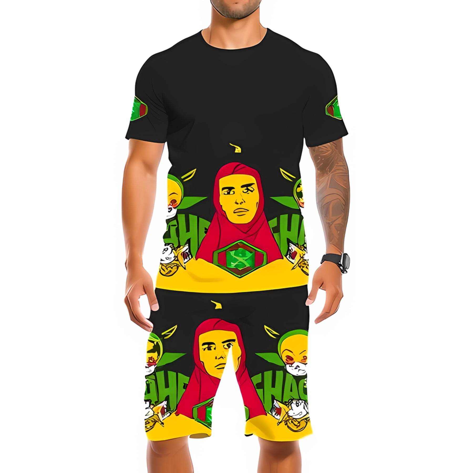 Bold Cartoon Character Print T-Shirt and Shorts Set - Vibrant Yellow ...