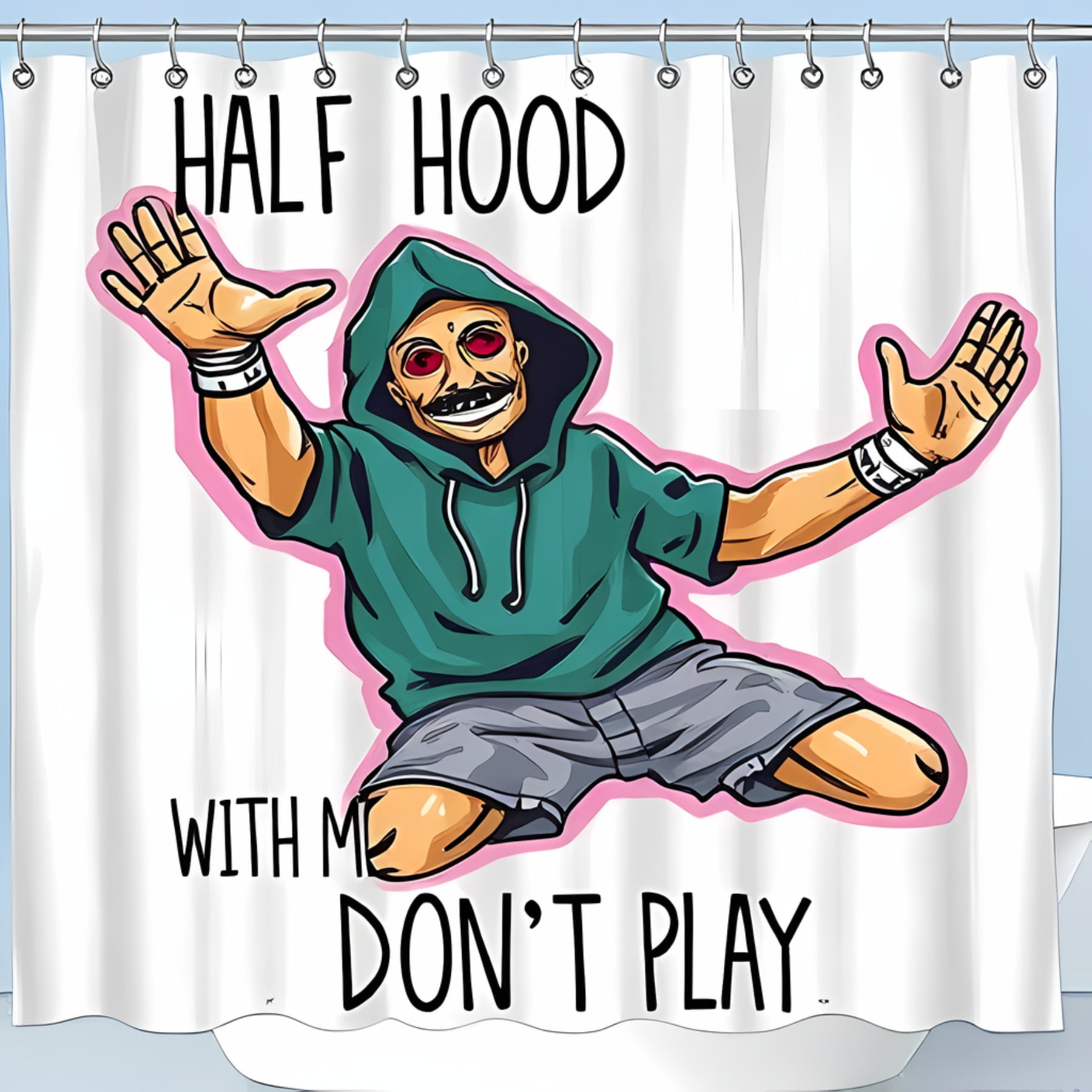 Bold Cartoon Character Shower Curtain - Vibrant Green Hoodie Fun Text ...