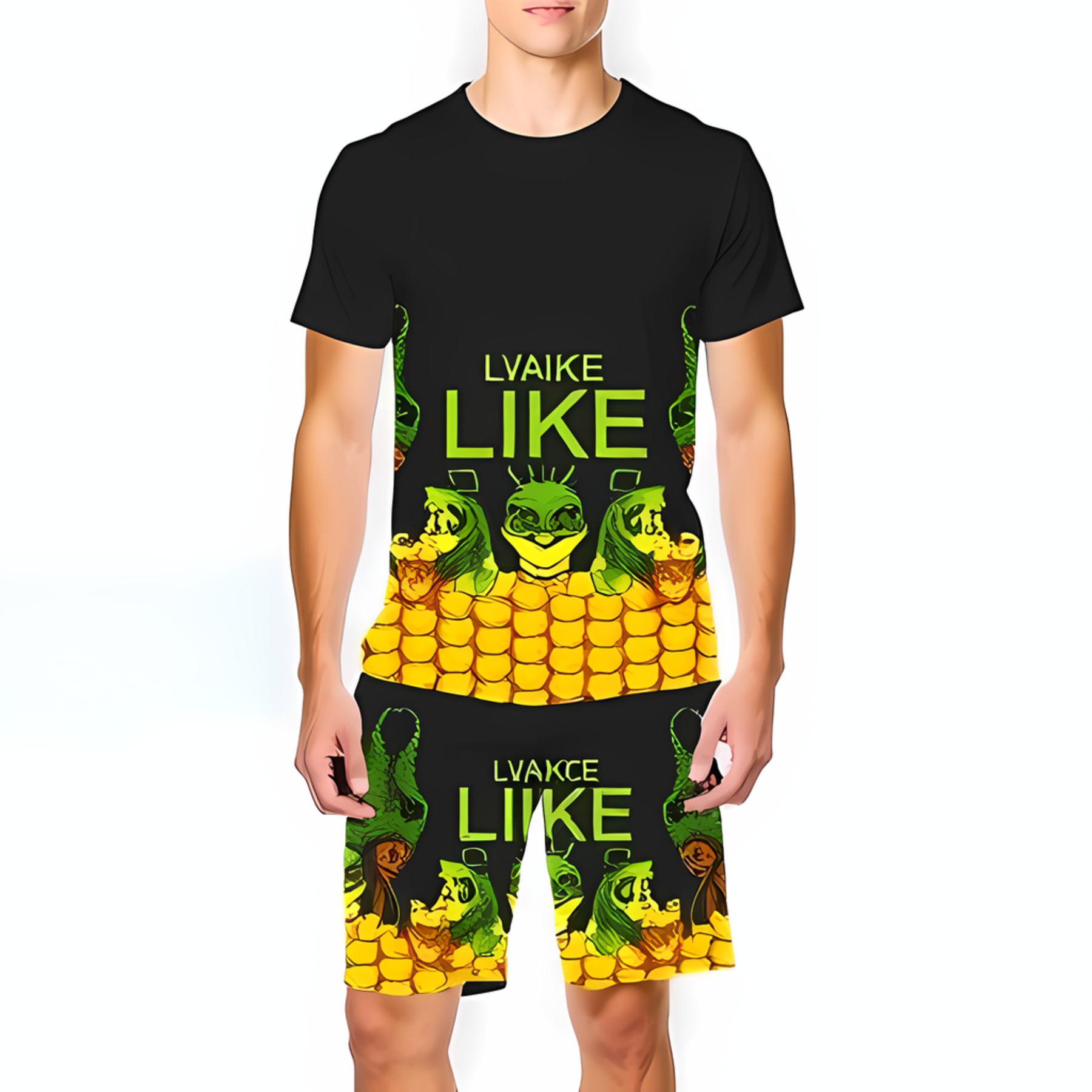 Bold Cartoon Character T-Shirt and Shorts Set - Black with Green ...