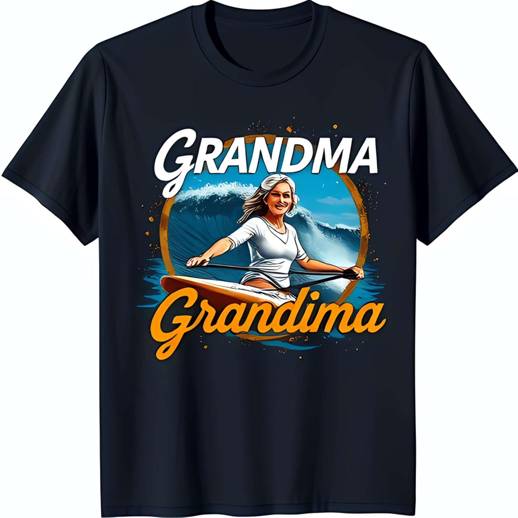 Bold Cartoon Grandma Surfing Graphic Black T-Shirt Fun & Playful Design ...