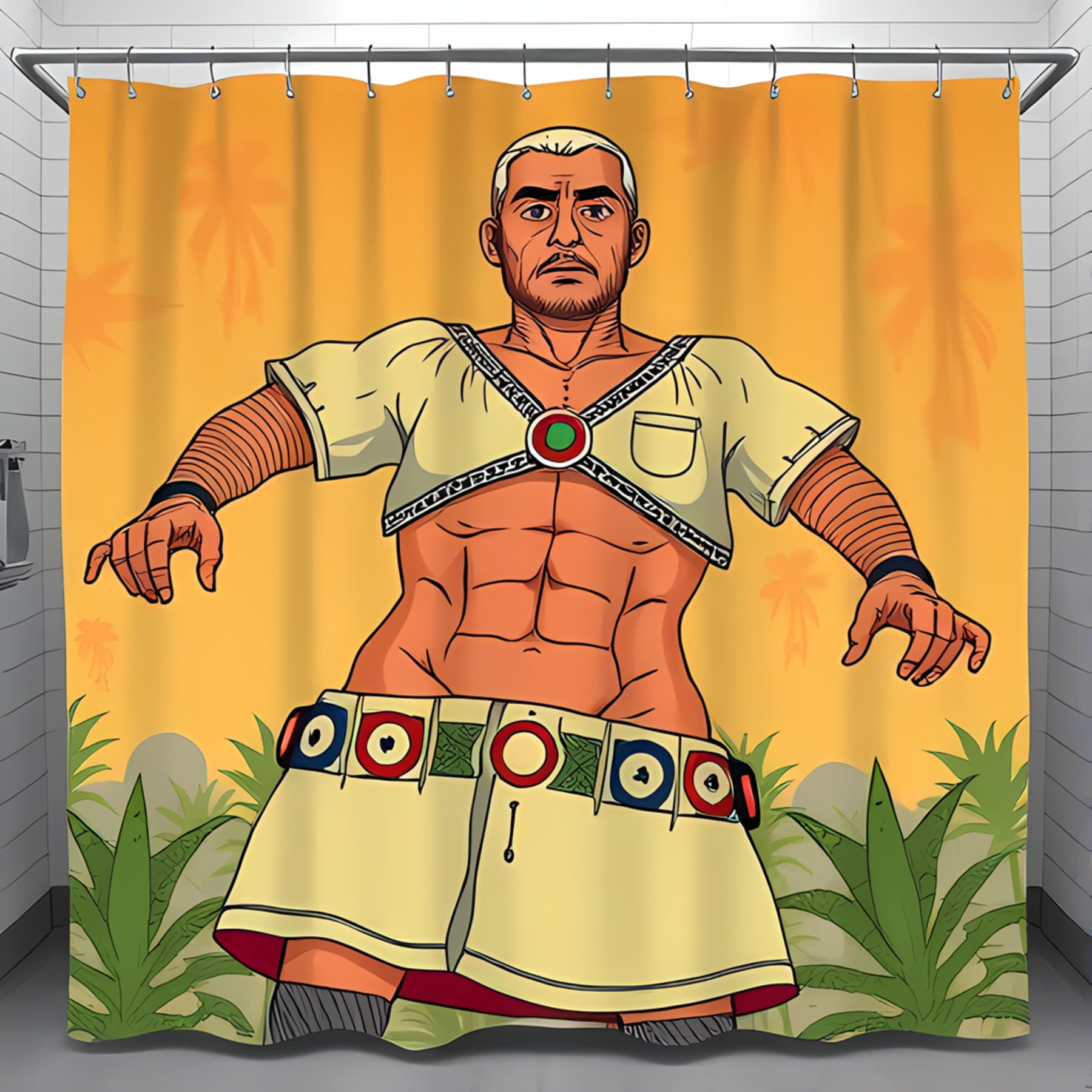 Bold Cartoon Shower Curtain - Muscular Man in Toga with Colorful Belt ...