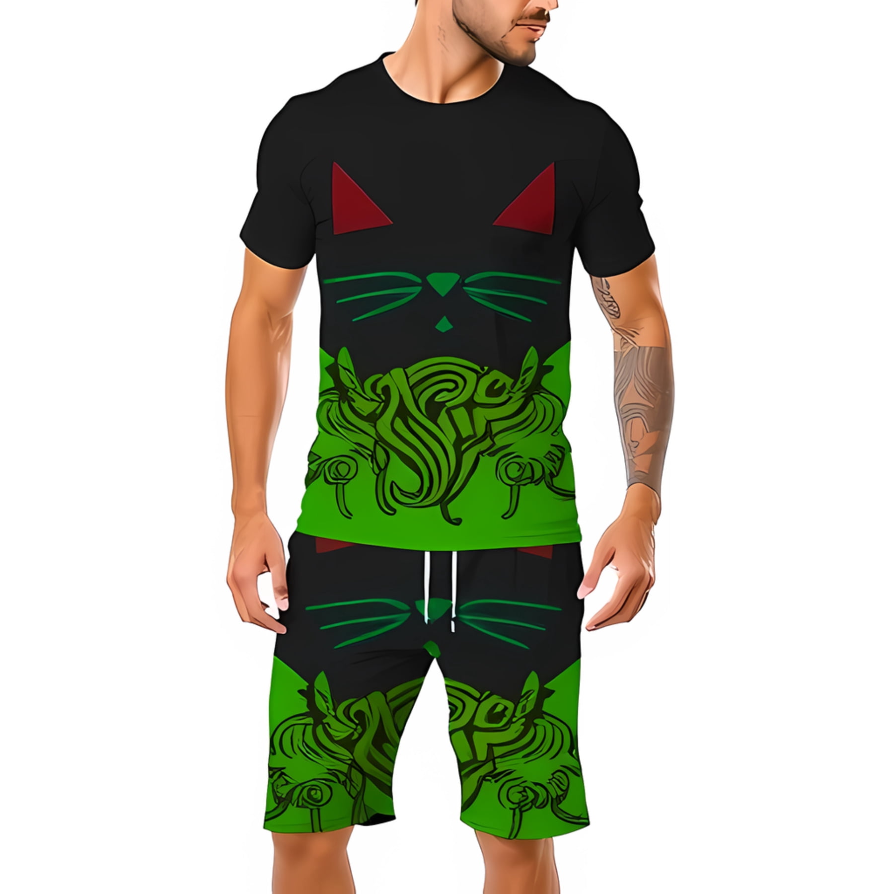 Bold Cat Face T-Shirt and Shorts Set for Men - Vibrant Black Outfit ...