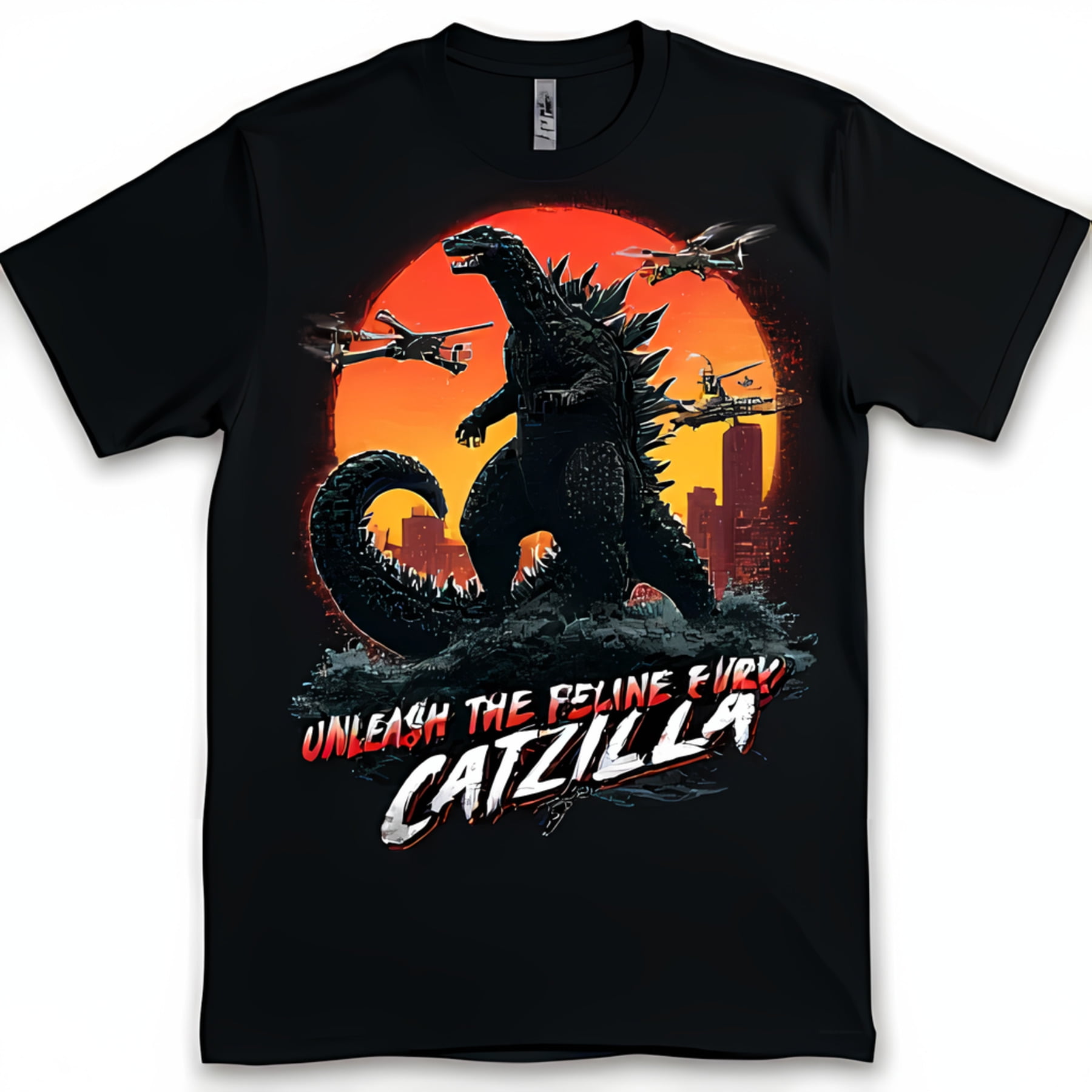 Bold Catzilla Graphic Tee Fierce Feline Fury Against Sunset - Walmart.com