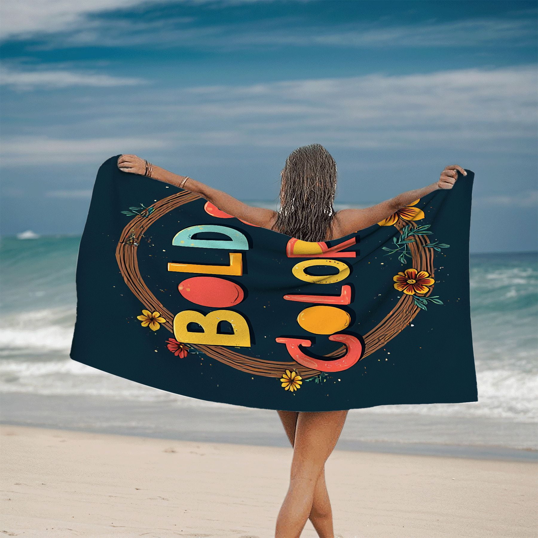 Bold & Colorful Beach Towel - Vibrant Design with Playful Text Floral ...