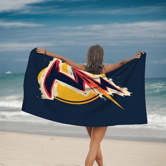 Bold Dark Blue ' T ' Design Beach Towel with Vibrant Red & Yellow ...