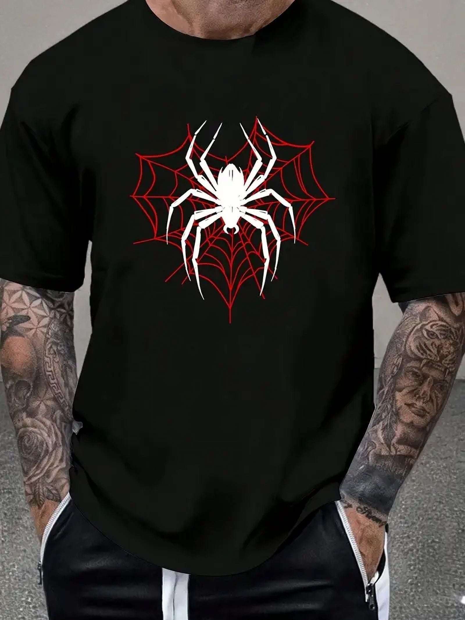 [Bold Design] Men's Casual 100% Cotton T-Shirt with Spider Web Graphic ...