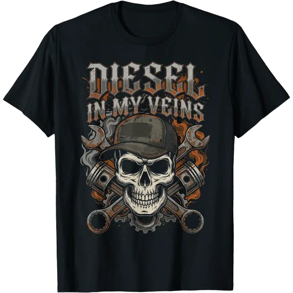 Bold Diesel Mechanic Themed Skull & Tools Graphic T-Shirt for Truck ...