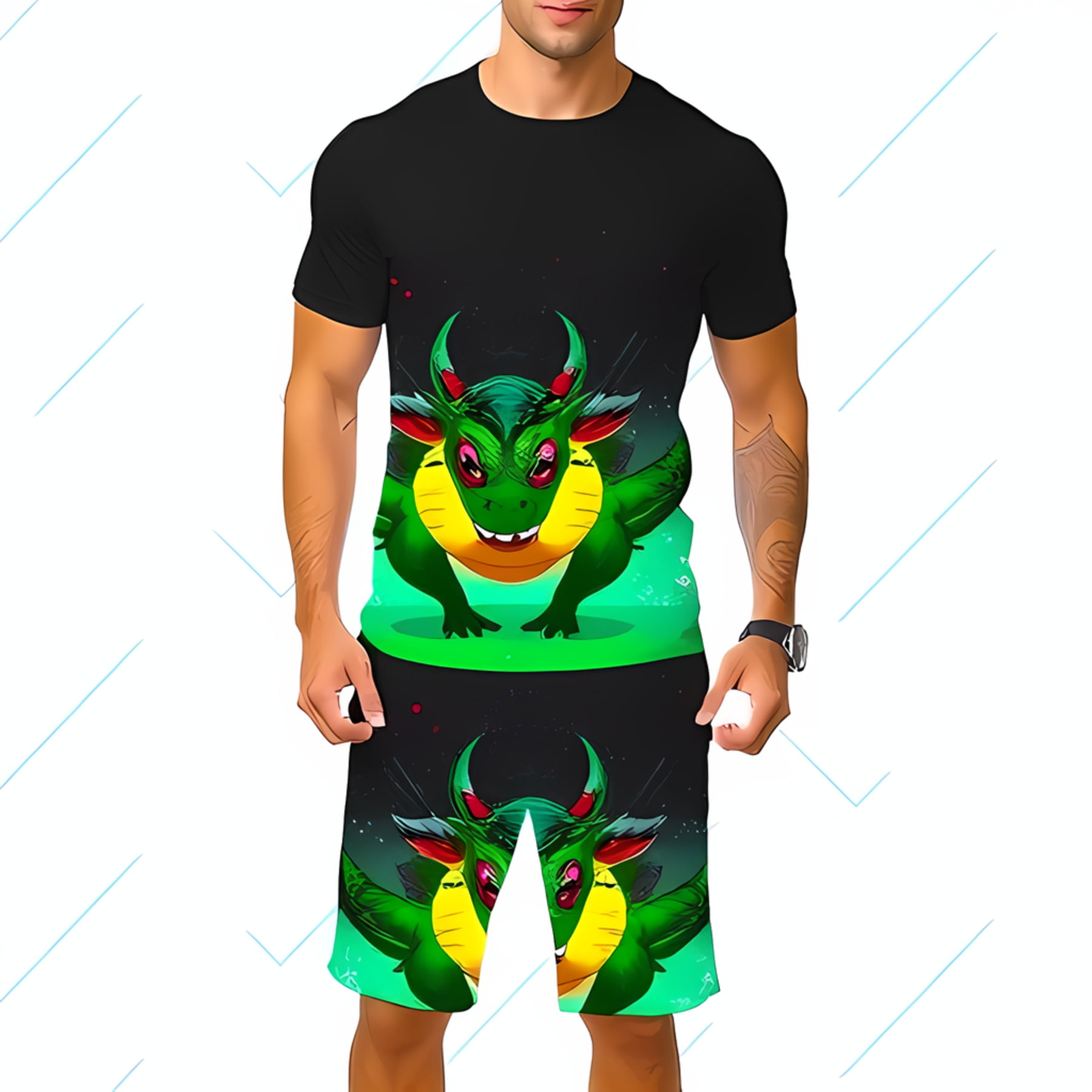 Bold Dragon Print T-Shirt and Shorts Set - Vibrant Green Fantasy Design ...