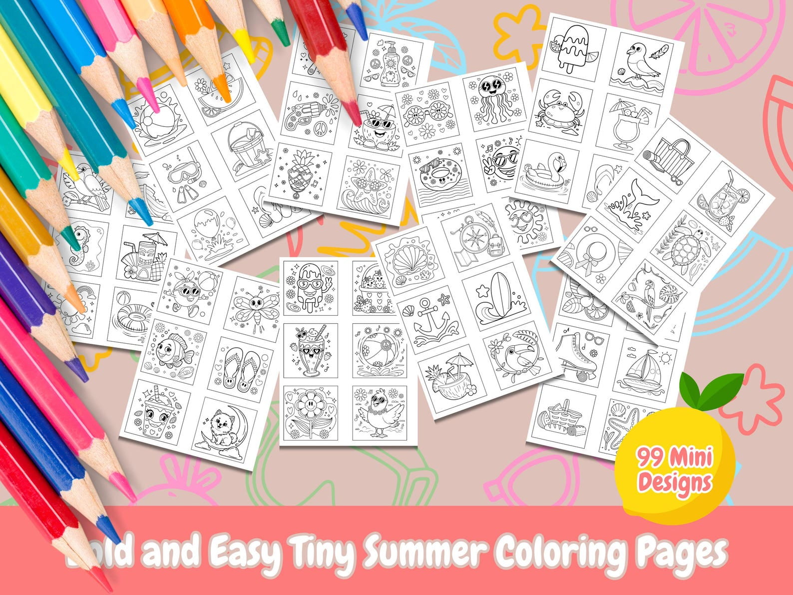 Bold and Easy Tiny Summer Coloring Pages Digital Download, 99 Mini ...