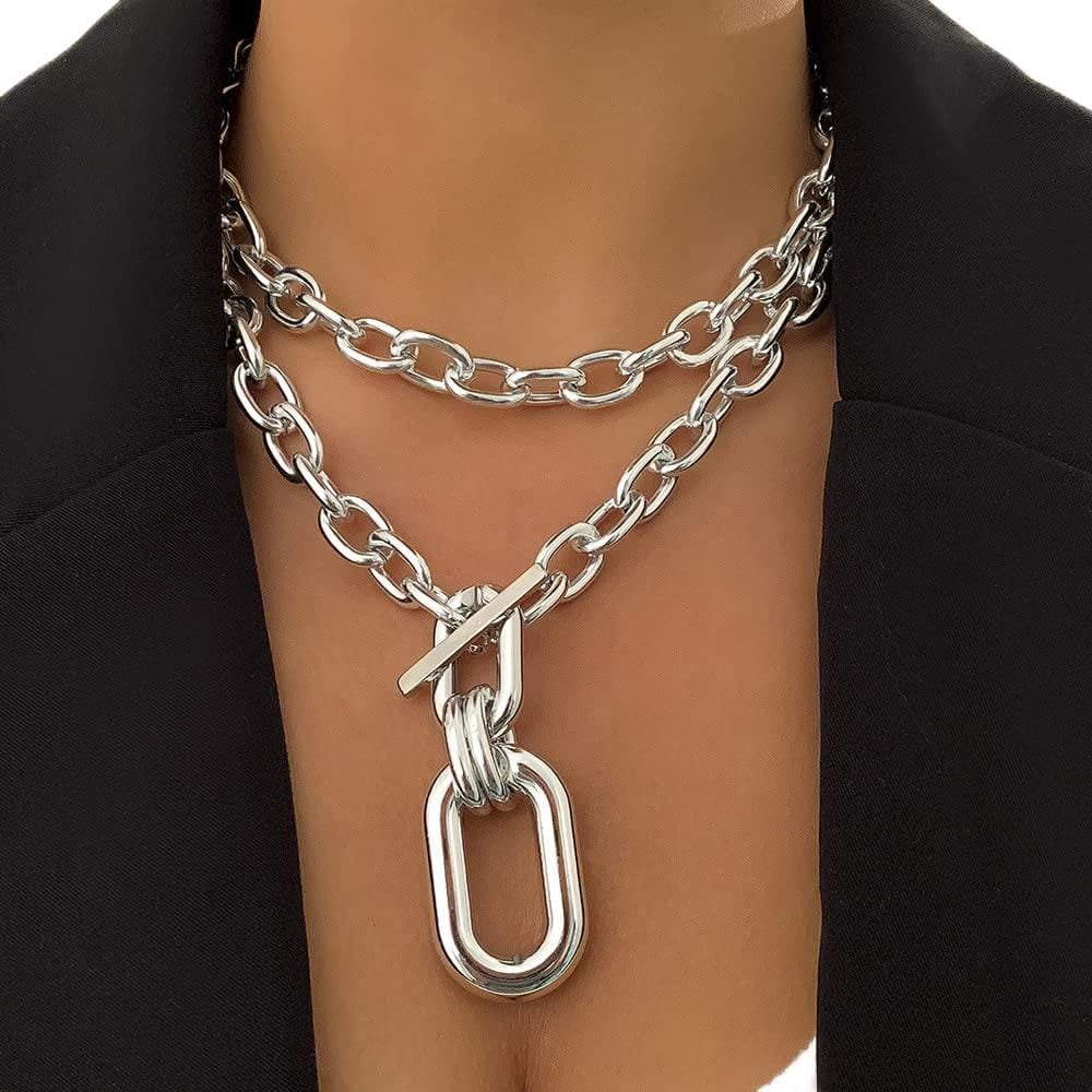 Bold & Edgy: Silver Layered Chunky Chain Choker Necklace Set - Punk ...