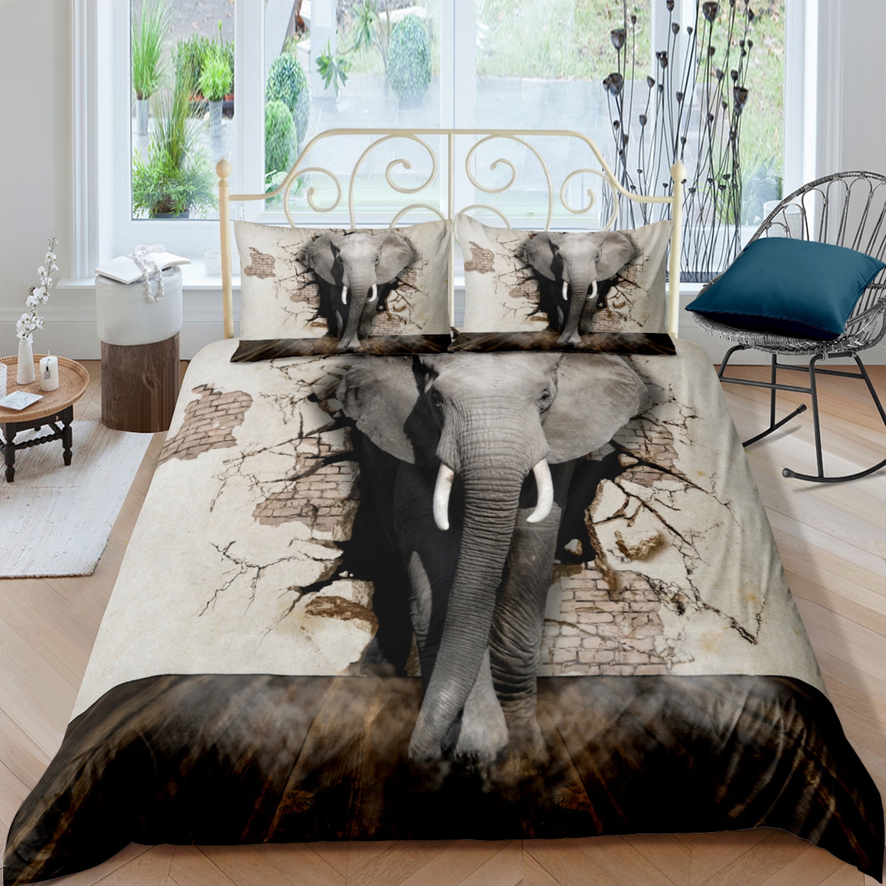 Bold Elephant Bedding Set Modern Brick Wall Design Earthy Tones Bedroom ...