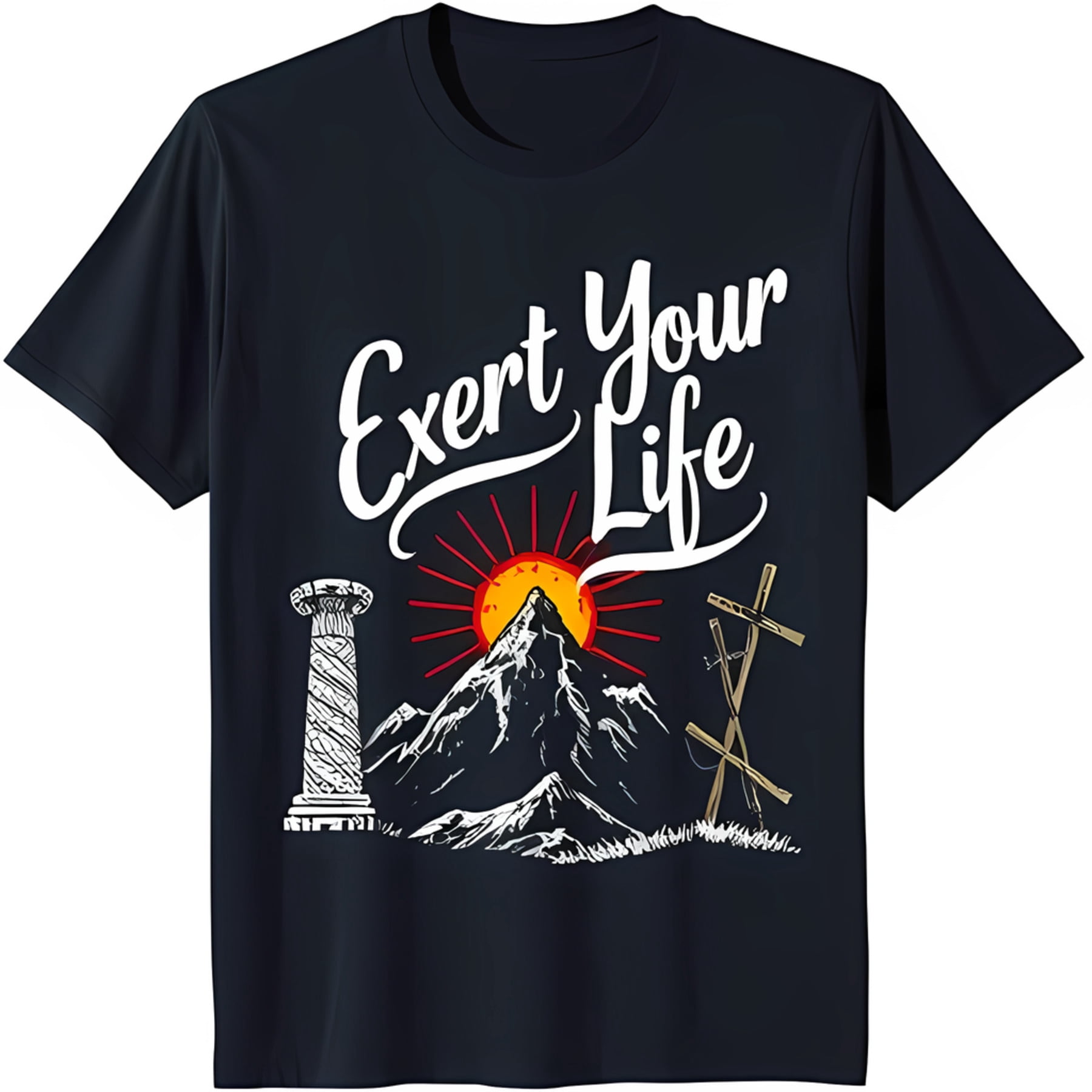 Bold 'Exert Your Life' Graphic Tee with Mountain and Sun Design Blue ...